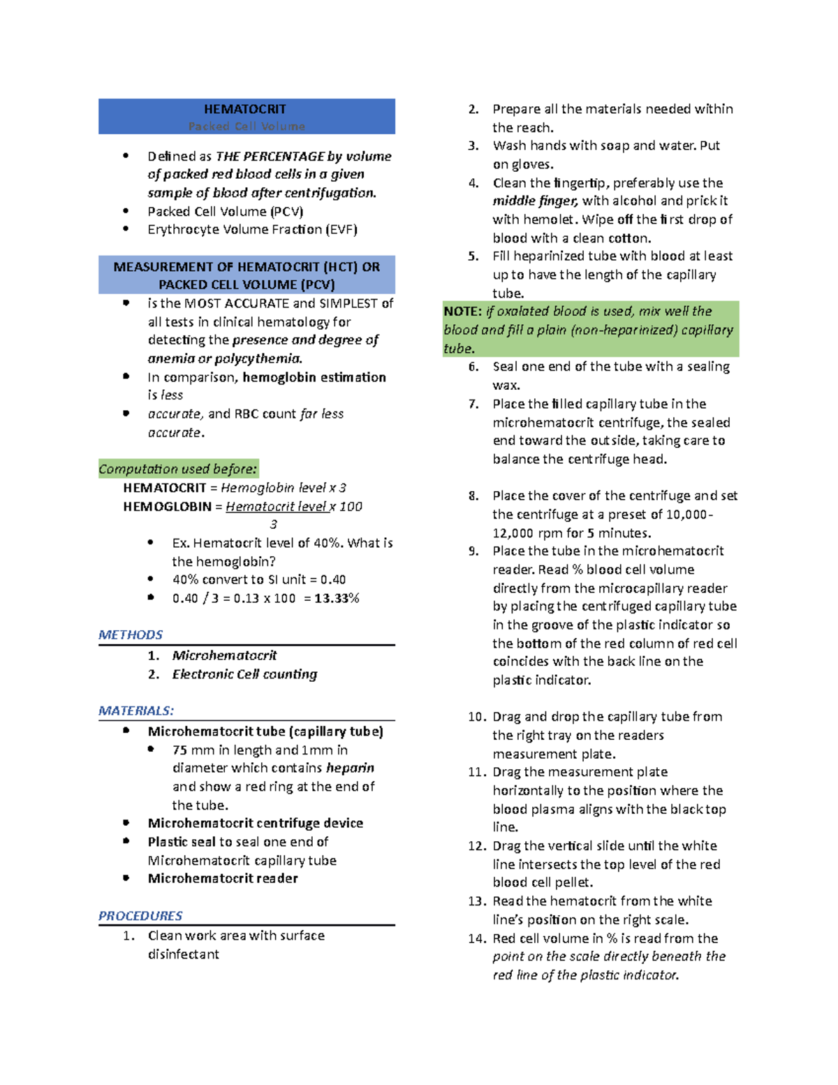 Measurement of Hematocrit or Packed Cell Volume - HEMATOCRIT Packed ...