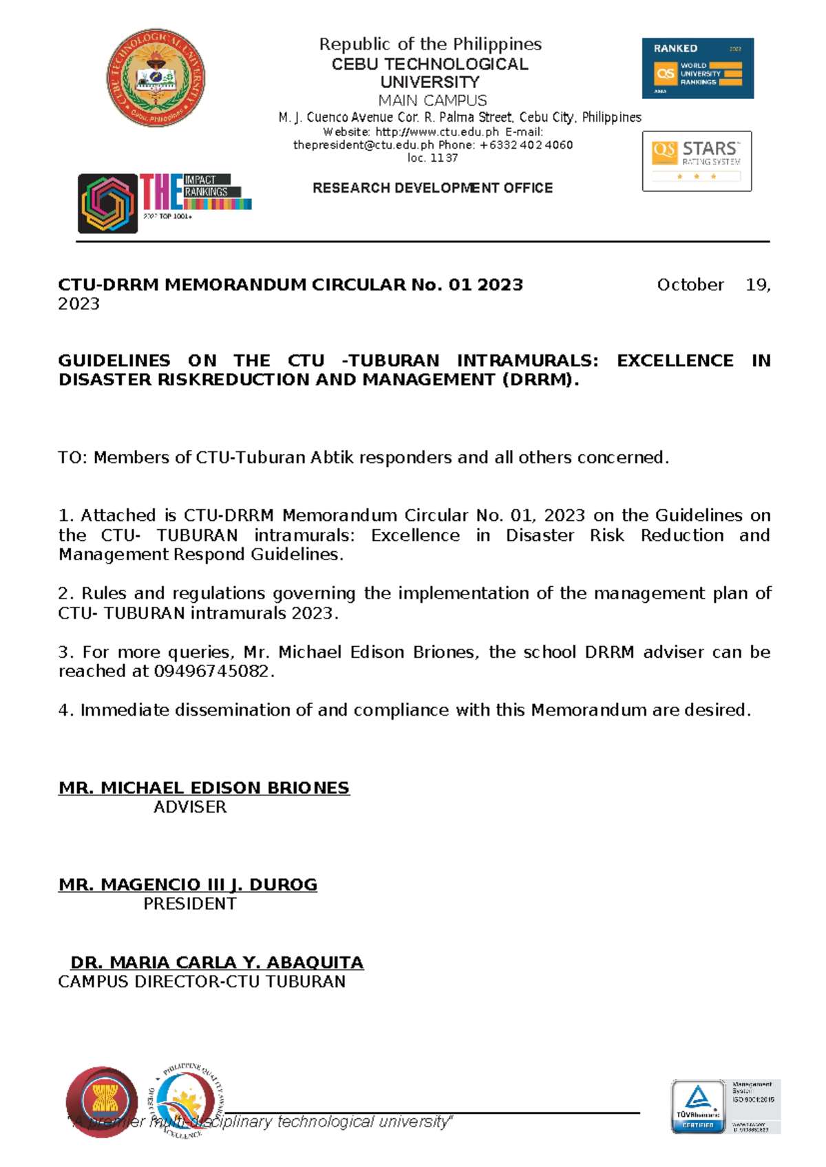 Memo-mj - ............ - Republic of the Philippines CEBU TECHNOLOGICAL ...
