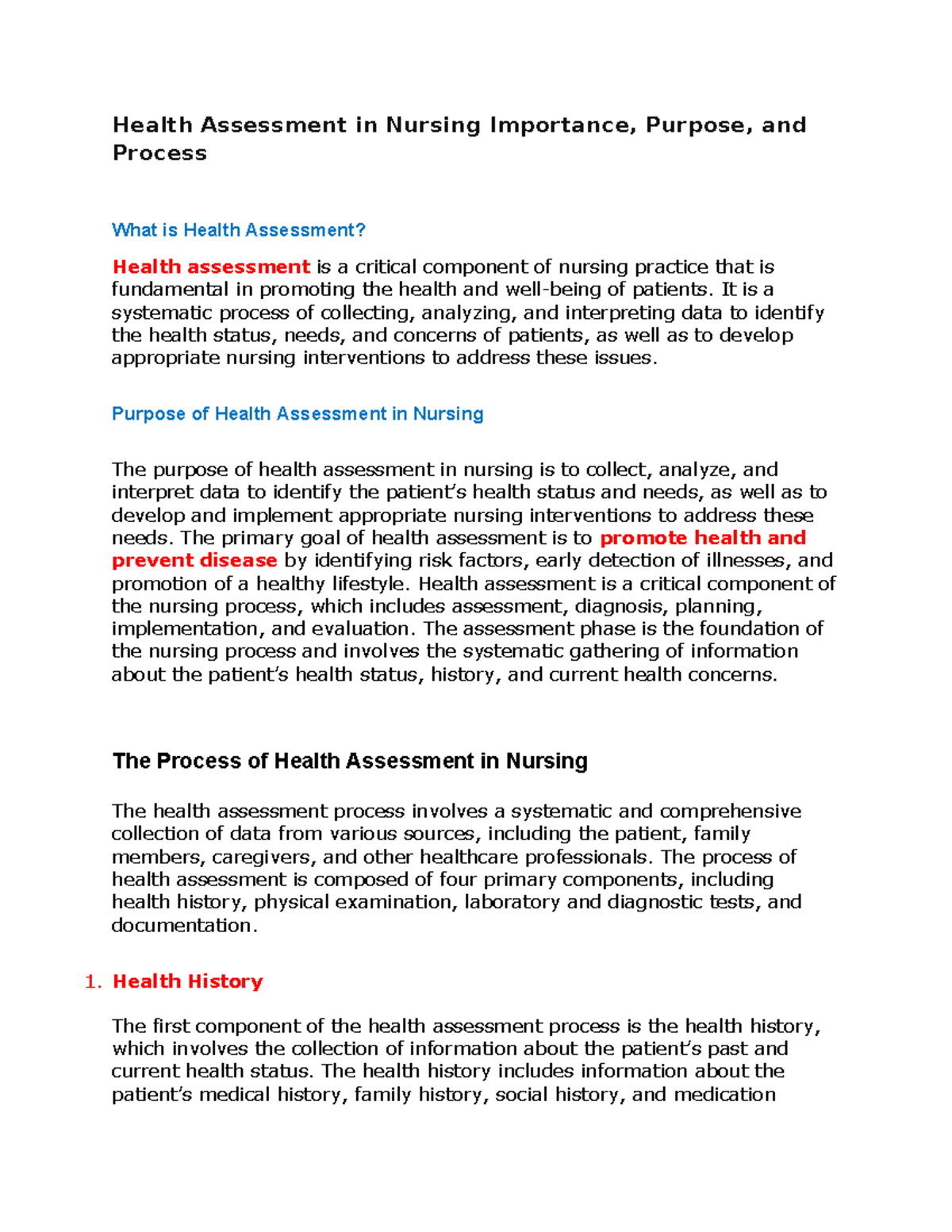 Health Assessment in Nursing Importance - It is a systematic process of ...