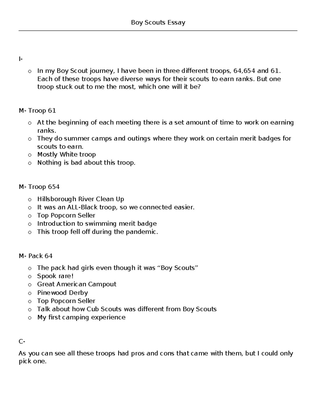 Boy Scouts Essay - Notes - Boy Scouts Essay I- o In my Boy Scout ...