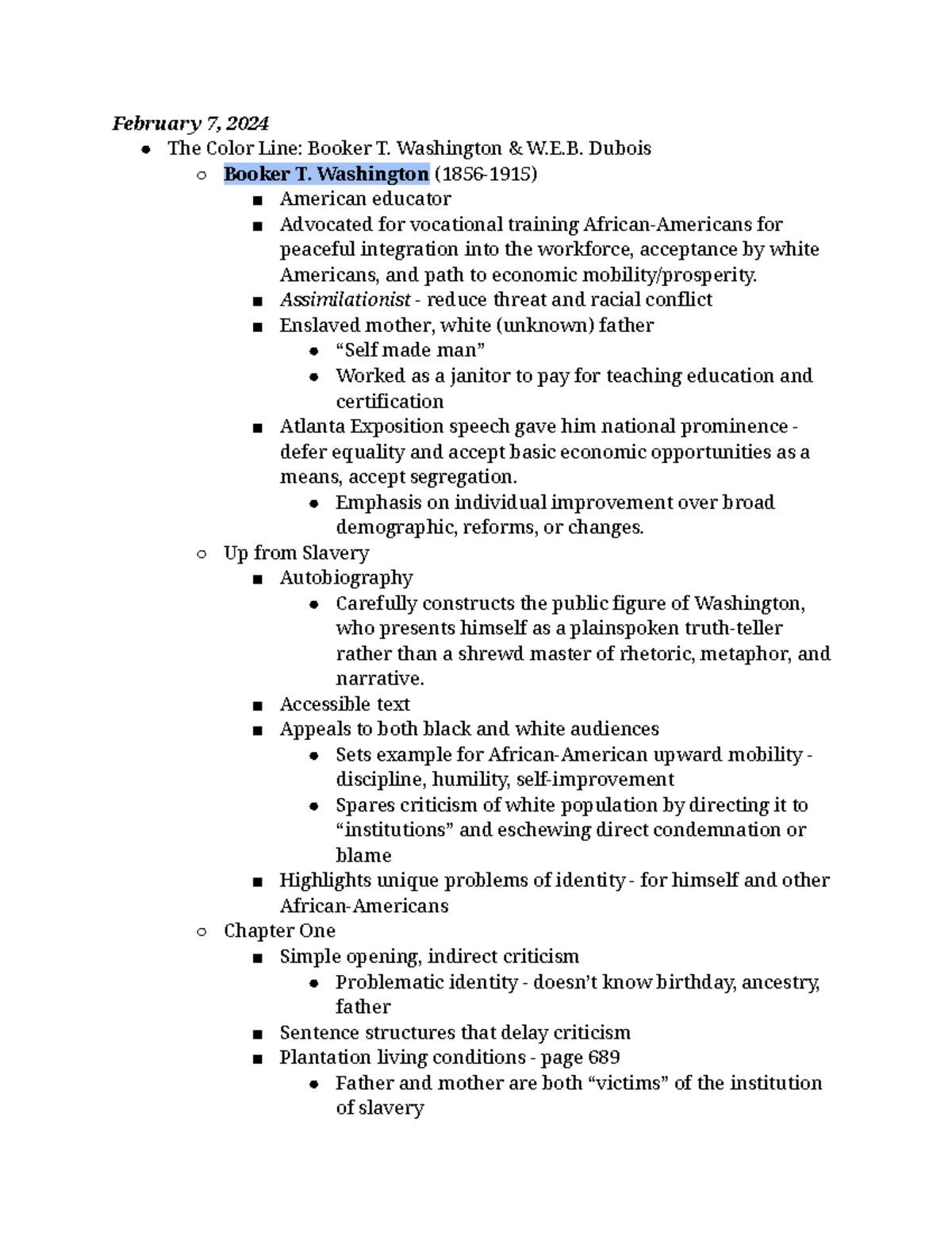 English 210 Notes - February 7, 2024 The Color Line: Booker T ...