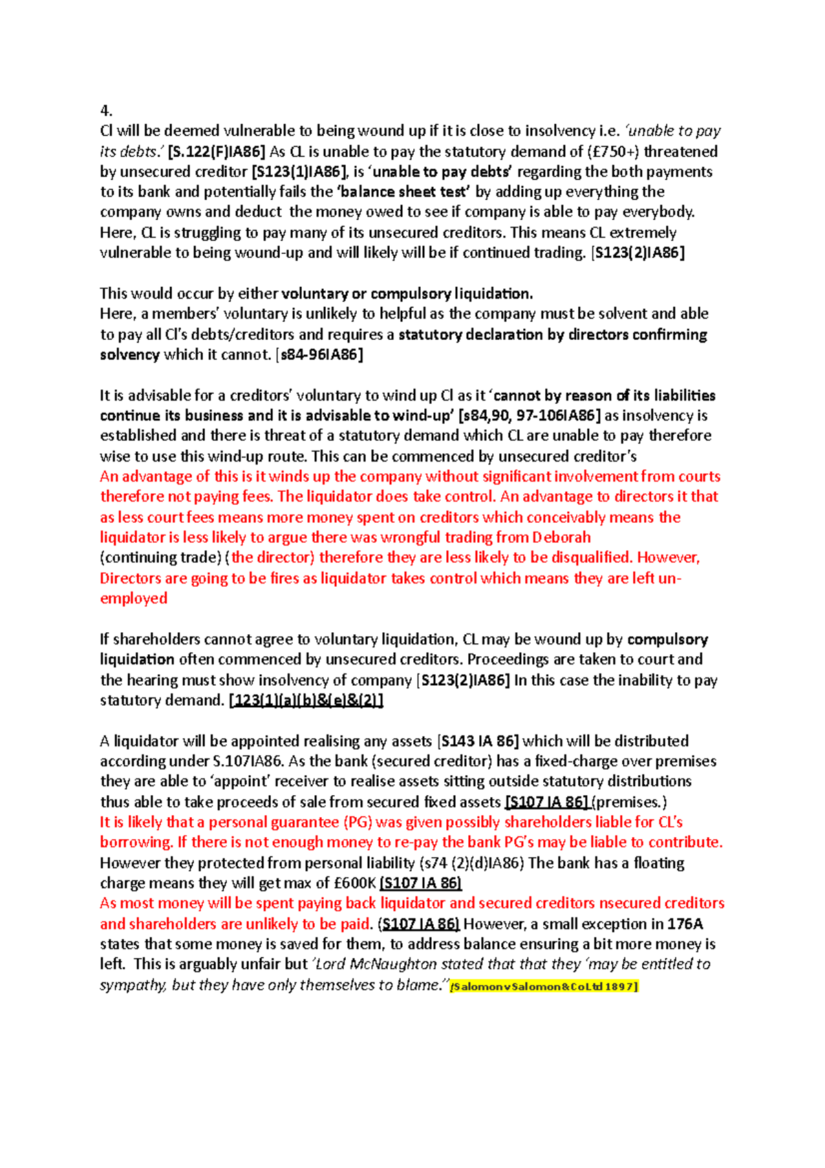 Insolvency PQ - BUSINESS LAW PROBLEM QUESTION. - 4. Cl will be deemed ...