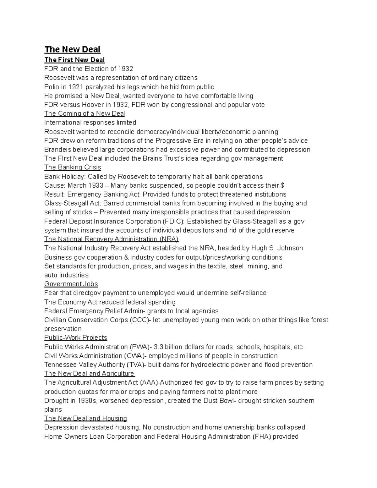 HIST Reading Notes Chapter 21 - The New Deal The First New Deal FDR and ...