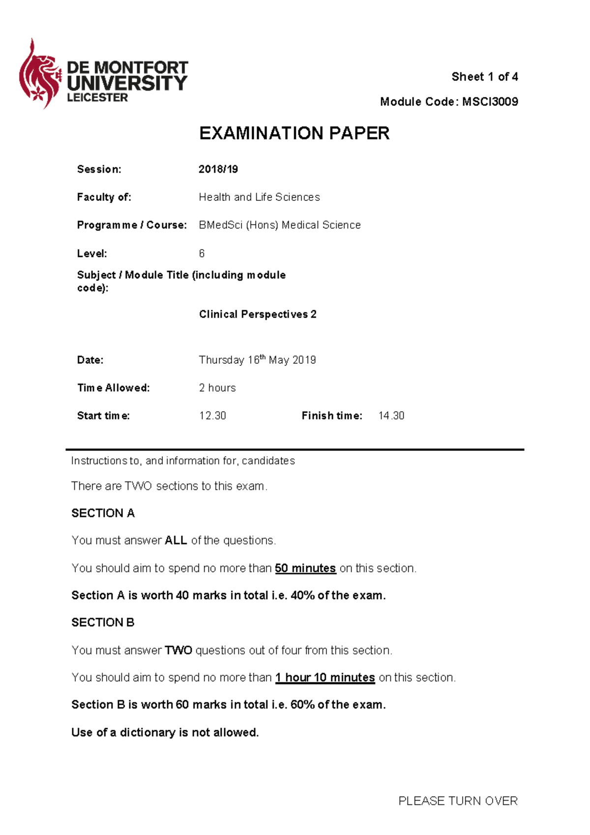 MSCI3009 Exam 2019 - Warning: TT: undefined function: 32 Module Code: MSCI EXAMINATION PAPER ...