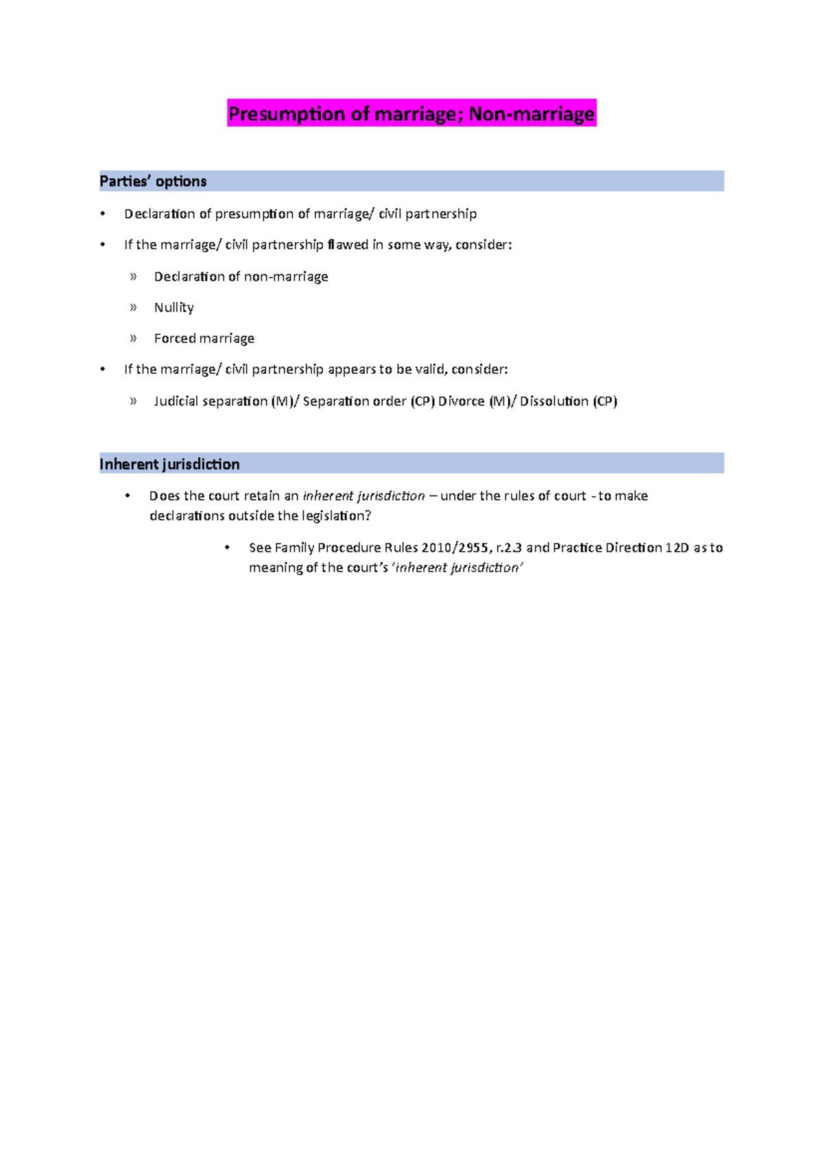 Non-marriage - Presumption of marriage; Non-marriage Parties’ options ...