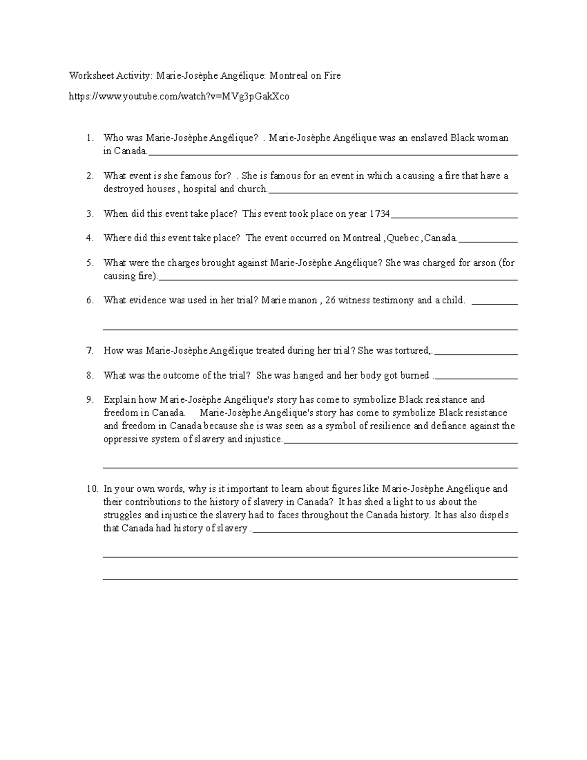 110 Cdn Slavery Story worksheet - Worksheet Activity: Marie-Josèphe ...