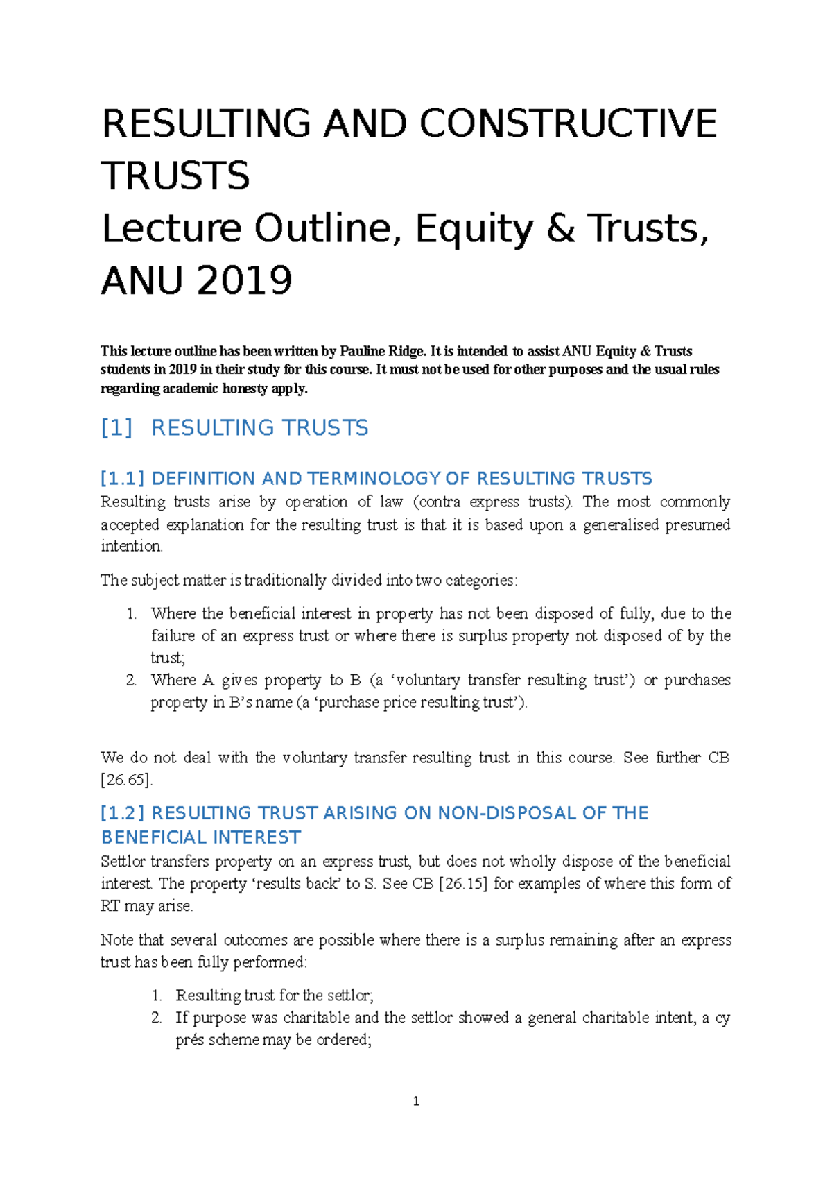 Lecture Outline RTs CTs - RESULTING AND CONSTRUCTIVE TRUSTS Lecture ...