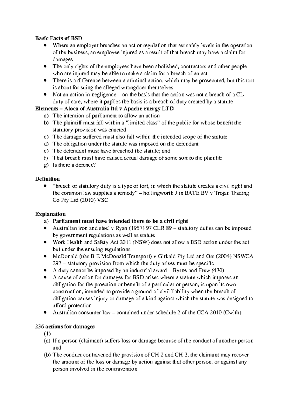 BSD - EXAM - Summary Torts - Part A - Basic Facts of BSD Where an ...