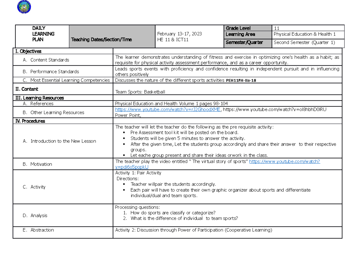 Daily Learning Plan PE2 W1 Q3 JES ANG - DAILY LEARNING PLAN Teaching ...