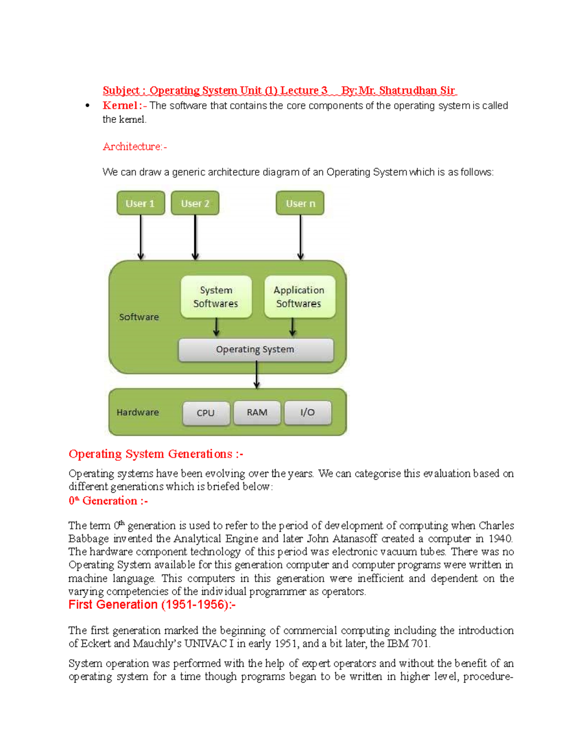 Operating System Generations Subject Operating System Unit 1 Lecture 3 By Mr Shatrudhan