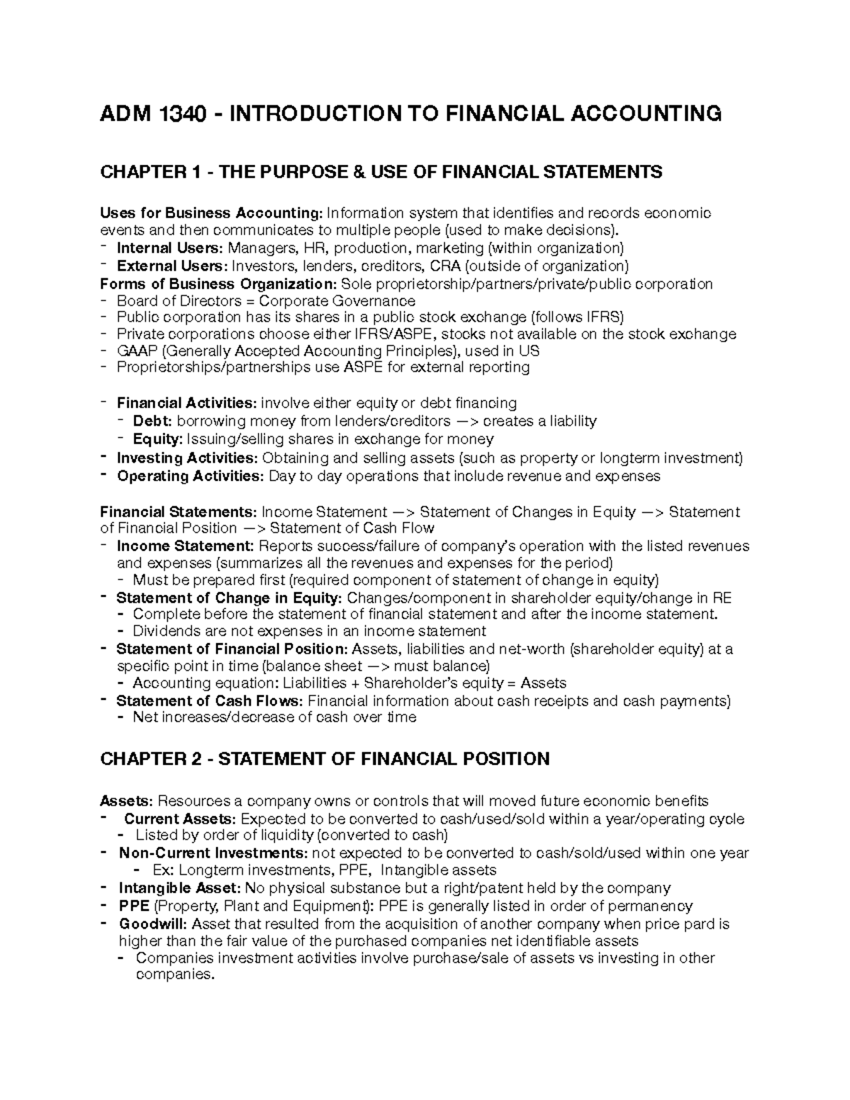 ADM 1340 - Summary Financial Accounting - ADM 1340 - INTRODUCTION TO ...