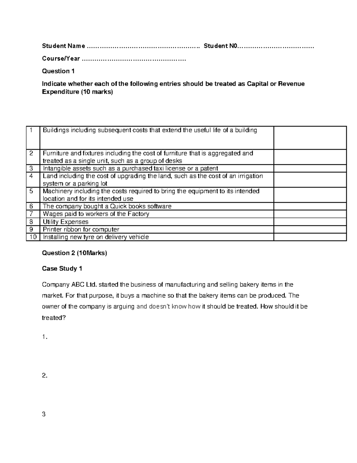 Test 2 Capital Revenue - self test question for students - Student Name ...