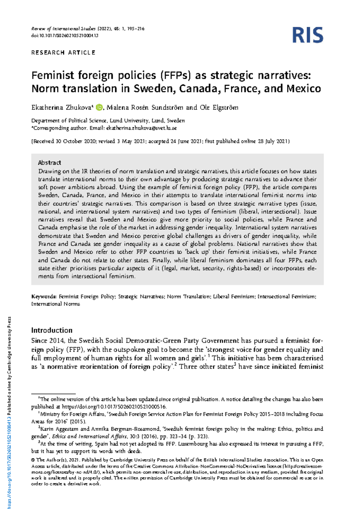 Feminist foreign policies ffps as strategic narratives norm translation ...