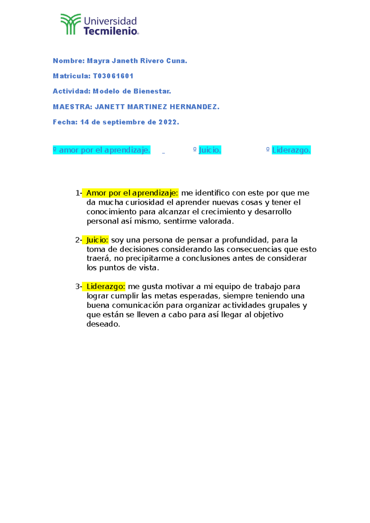 Modelo DE Bienestar - eygh - Nombre: Mayra Janeth Rivero Cuna ...