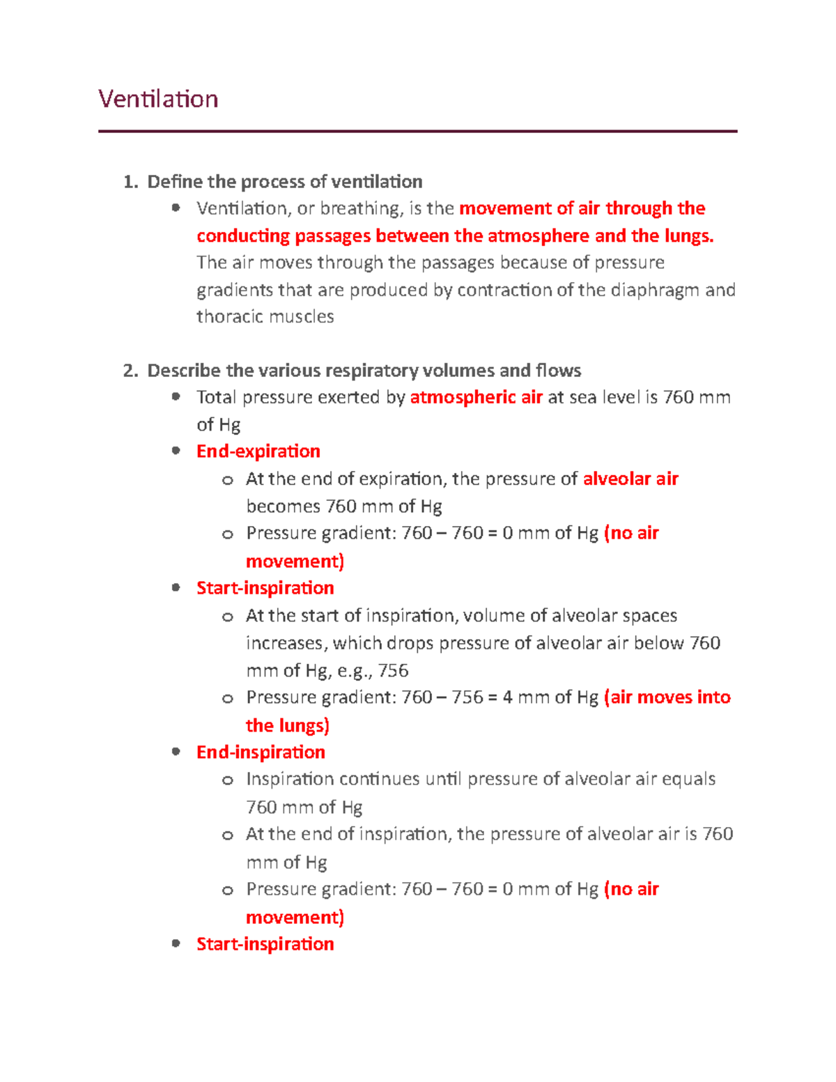 Ventilation - Lecture notes highlighting how breathing is achieved and ...