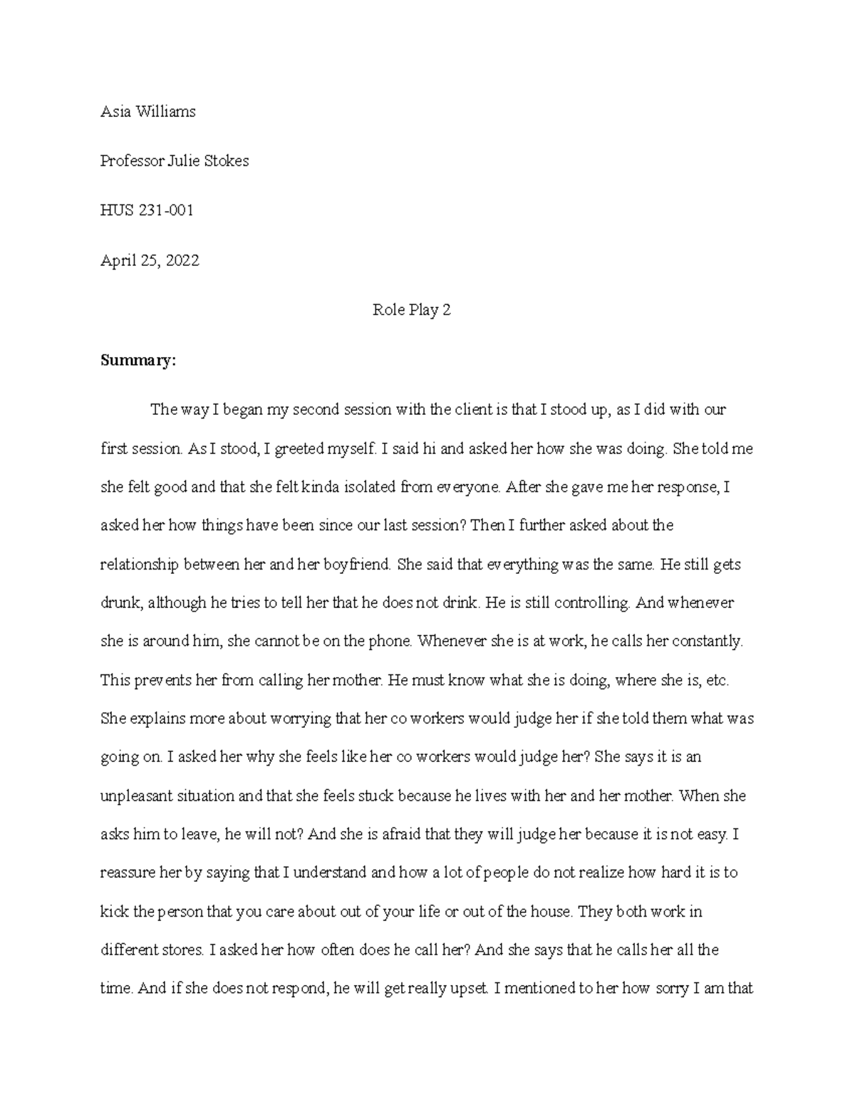 Role Play 2 - Asia Williams Professor Julie Stokes HUS 231- April 25 ...