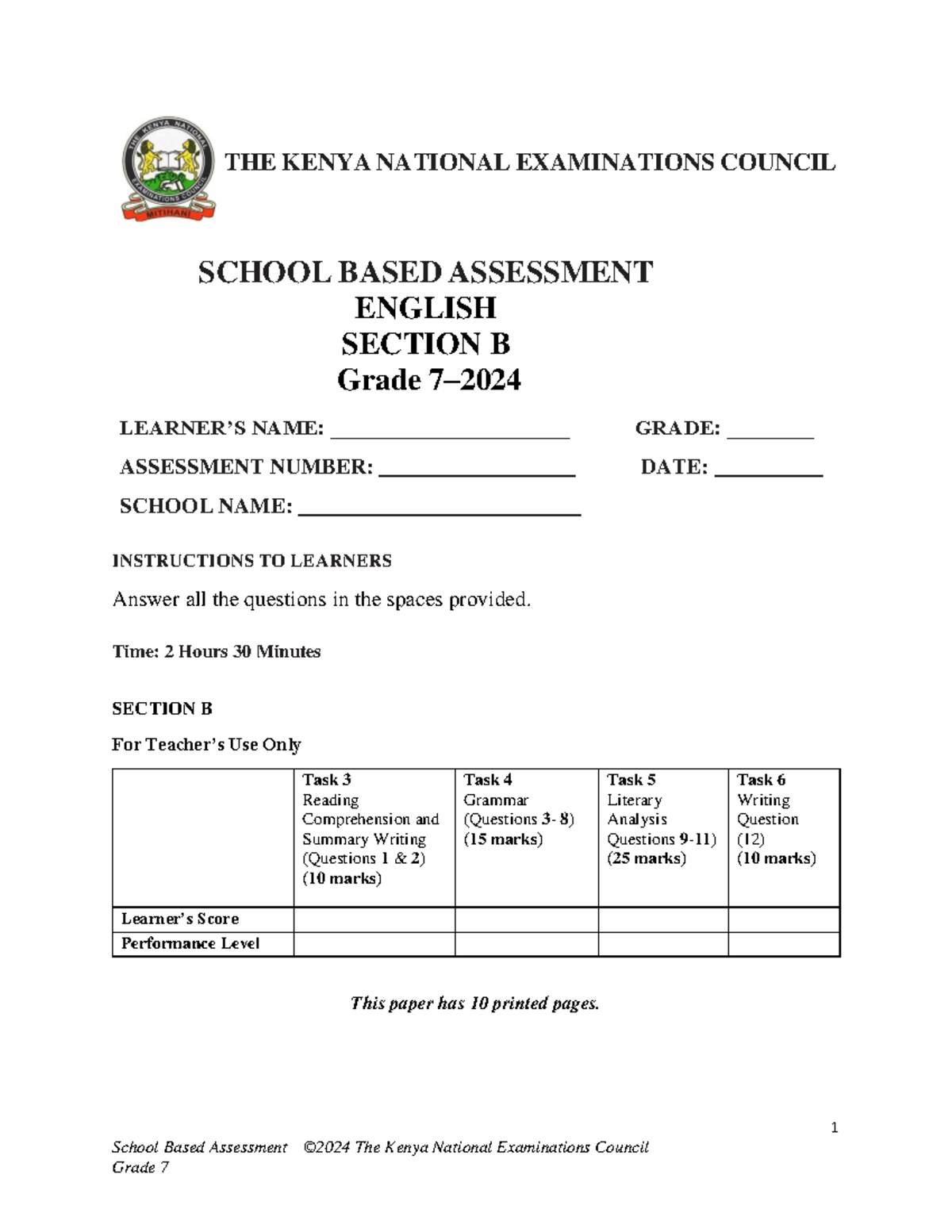 SET 1 Grade 7 Section B 2023- Eseriani - 1 School Based Assessment ©202 ...