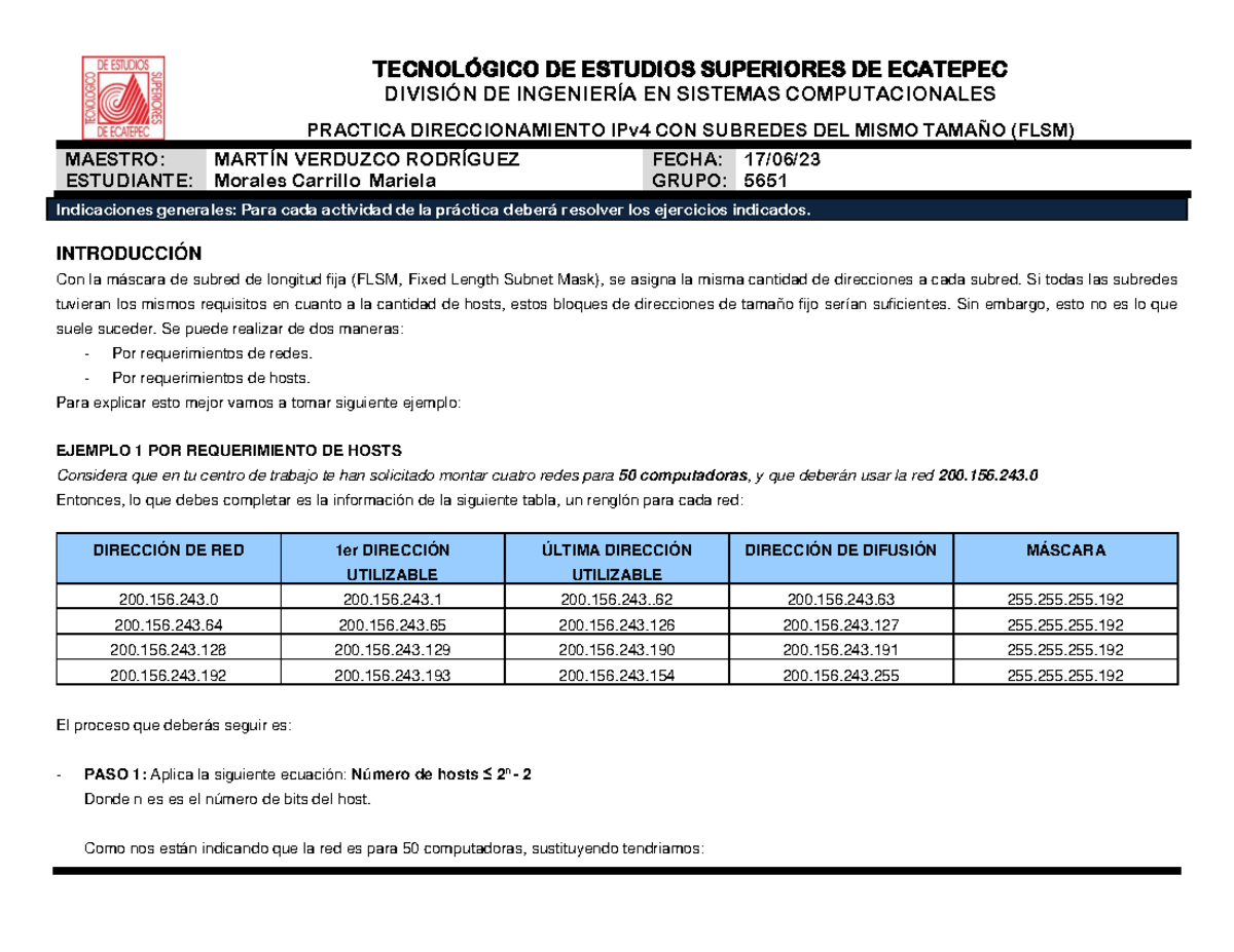 Actividad 3. Direccionamiento FLSM - TECNOL”GICO DE ESTUDIOS SUPERIORES DE ECATEPEC DIVISI”N DE ...