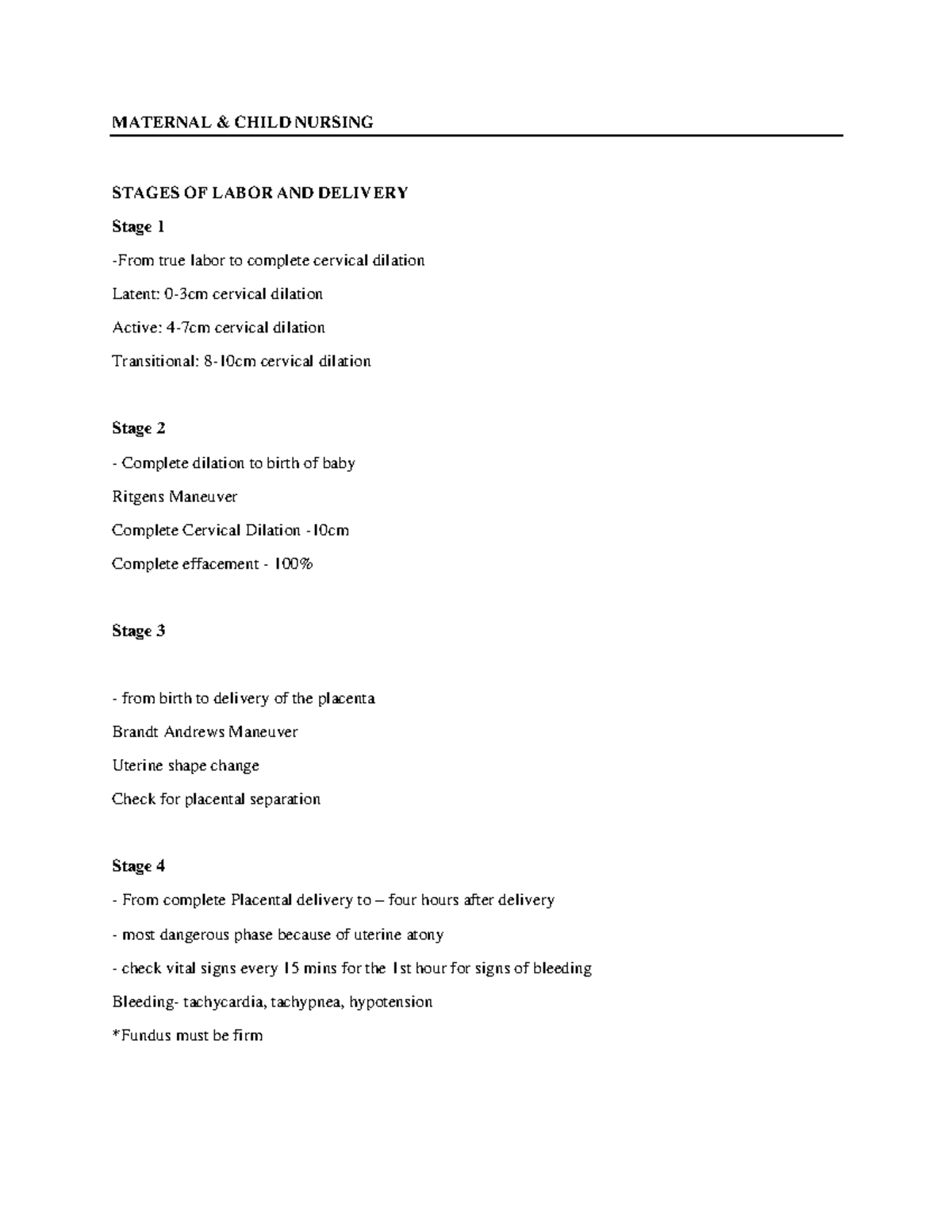 OB Crash Course - Lecture notes 1-30 - MATERNAL & CHILD NURSING STAGES ...