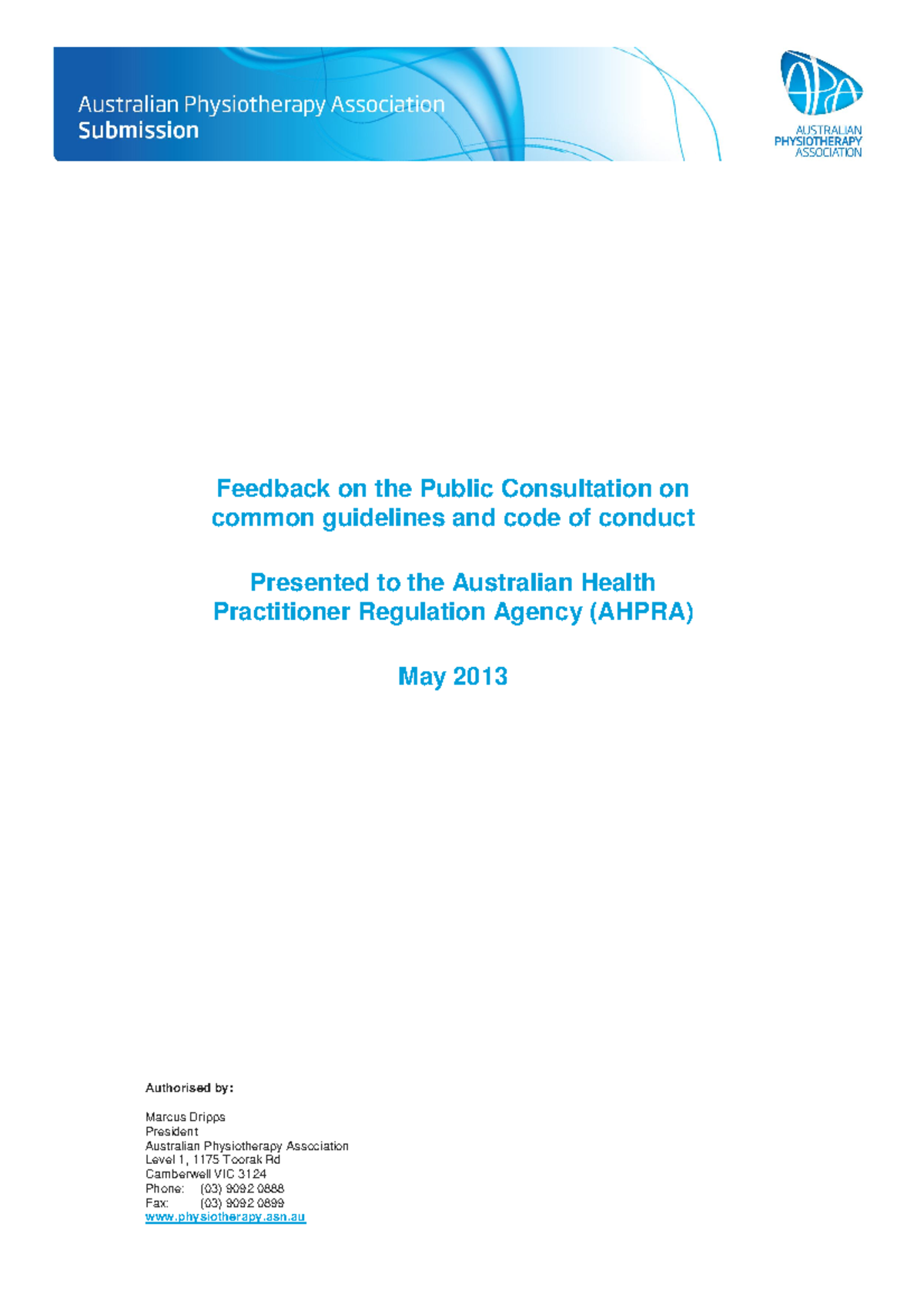 Ahpra Consultation submission Common guidelines and Code of conduct ...