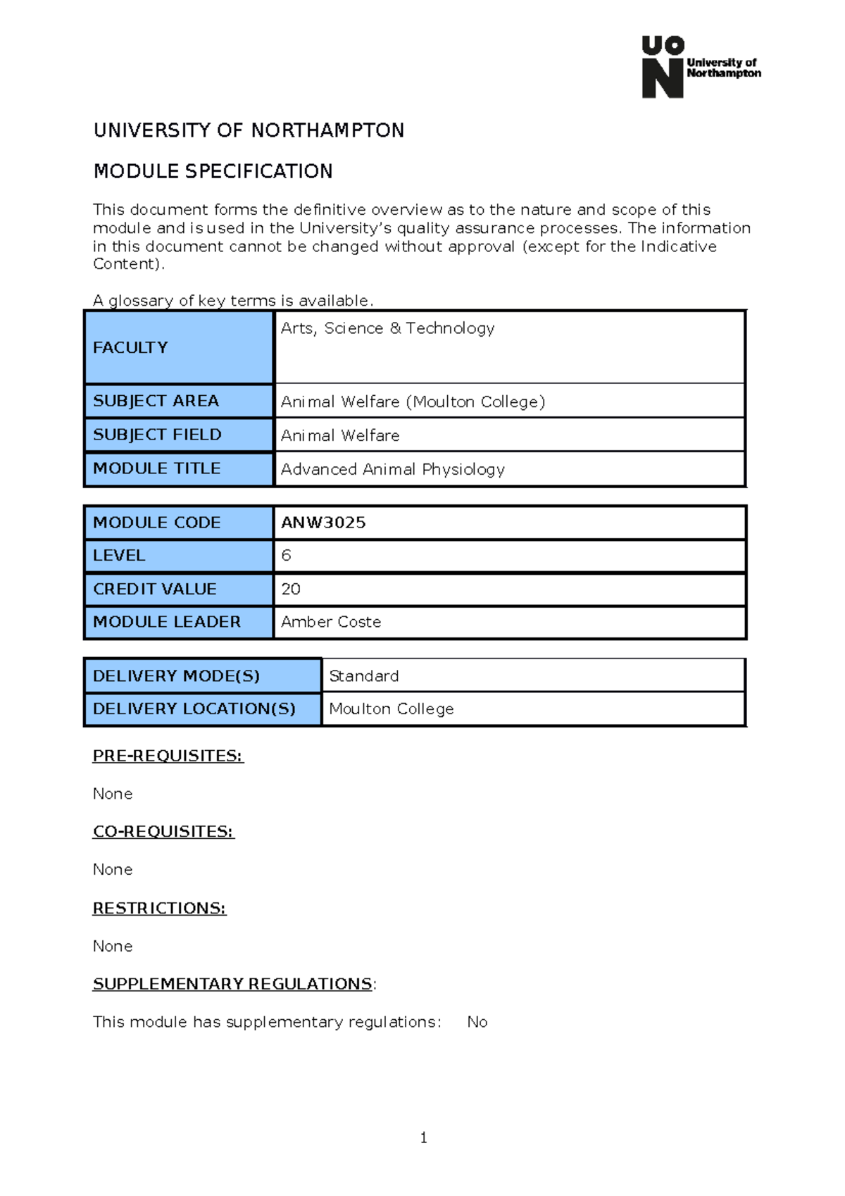 ANW3025 23-24 - Unit delivery plan - UNIVERSITY OF NORTHAMPTON MODULE ...
