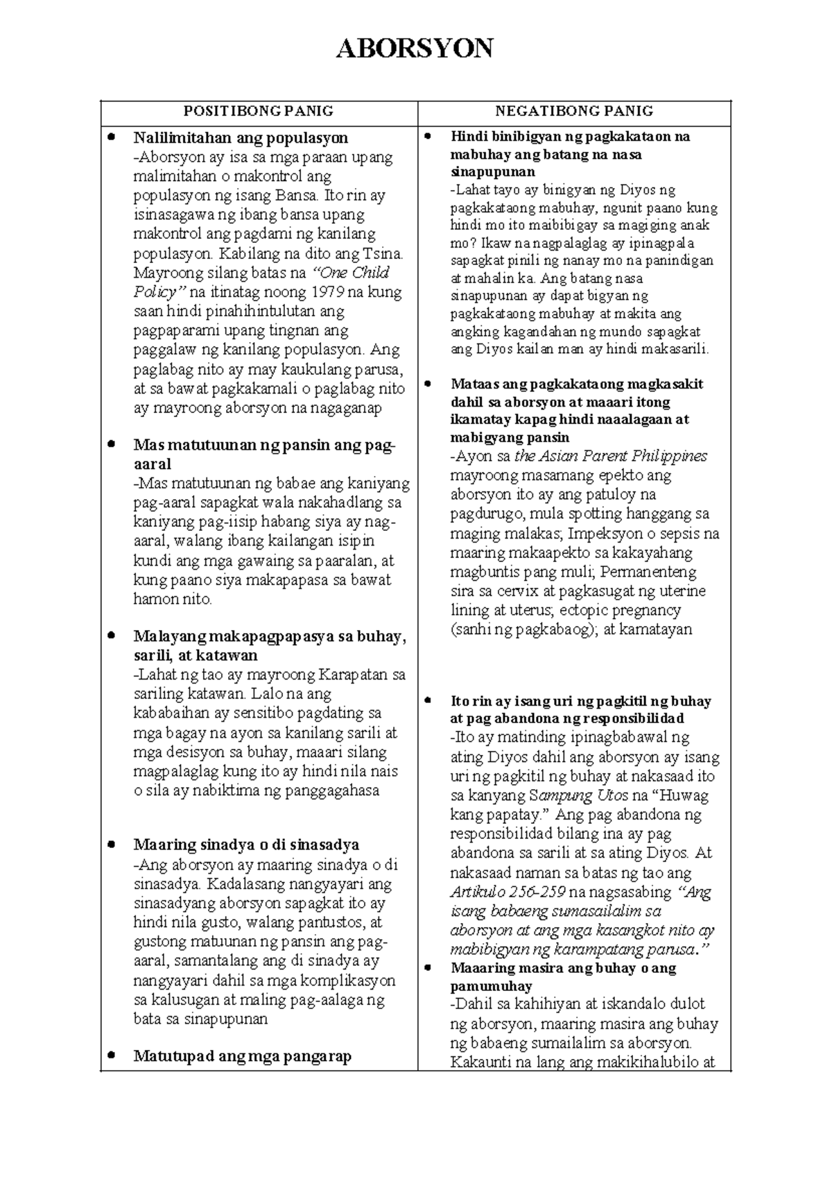 Aborsyon - lol - POSITIBONG PANIG NEGATIBONG PANIG Nalilimitahan ang ...