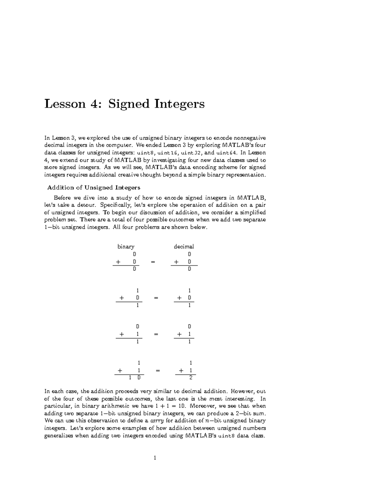Lesson 4 - Lecture notes 4 - Lesson 4: Signed Integers In Lesson 3, we ...
