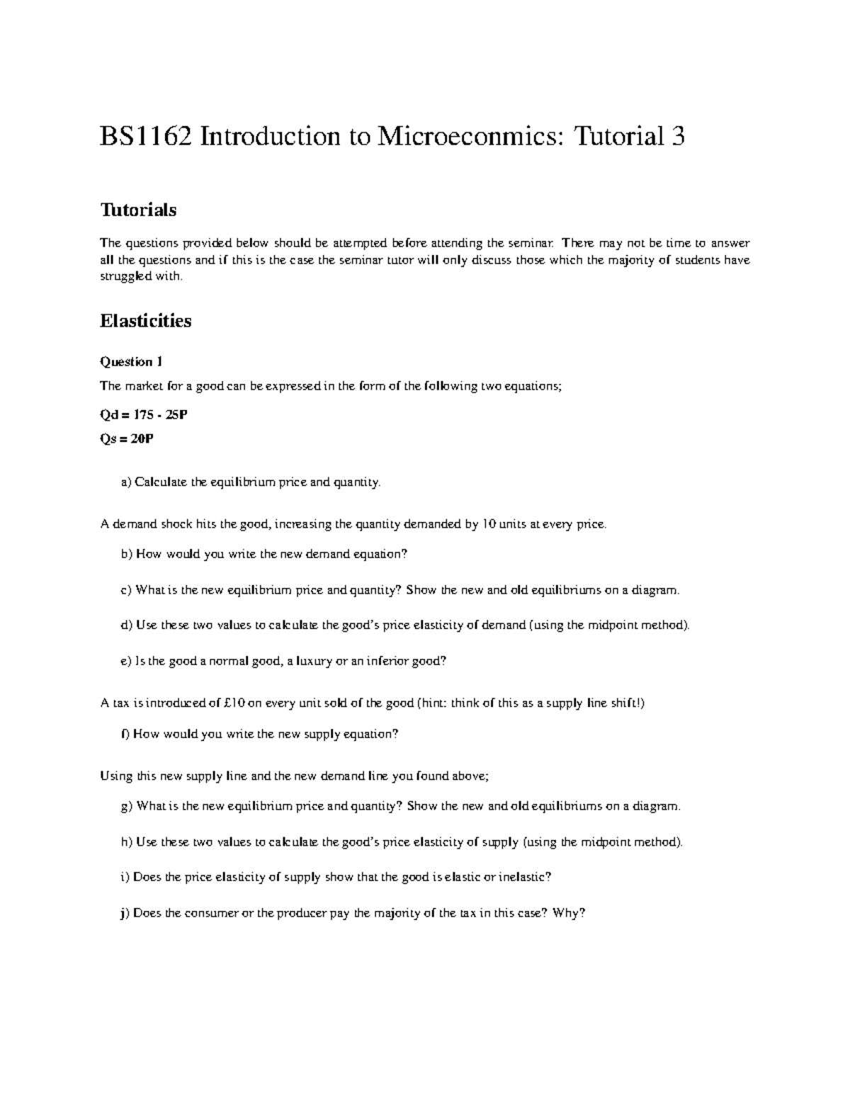 Micro tut 3 - tutorial questions - BS1162 Introduction to Microeconmics ...