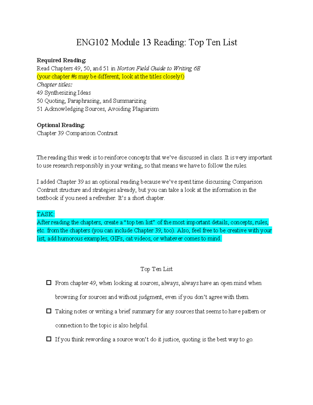 ENG102 Week 12 Reading Top Ten List - ENG102 Module 13 Reading: Top Ten List Required Reading ...