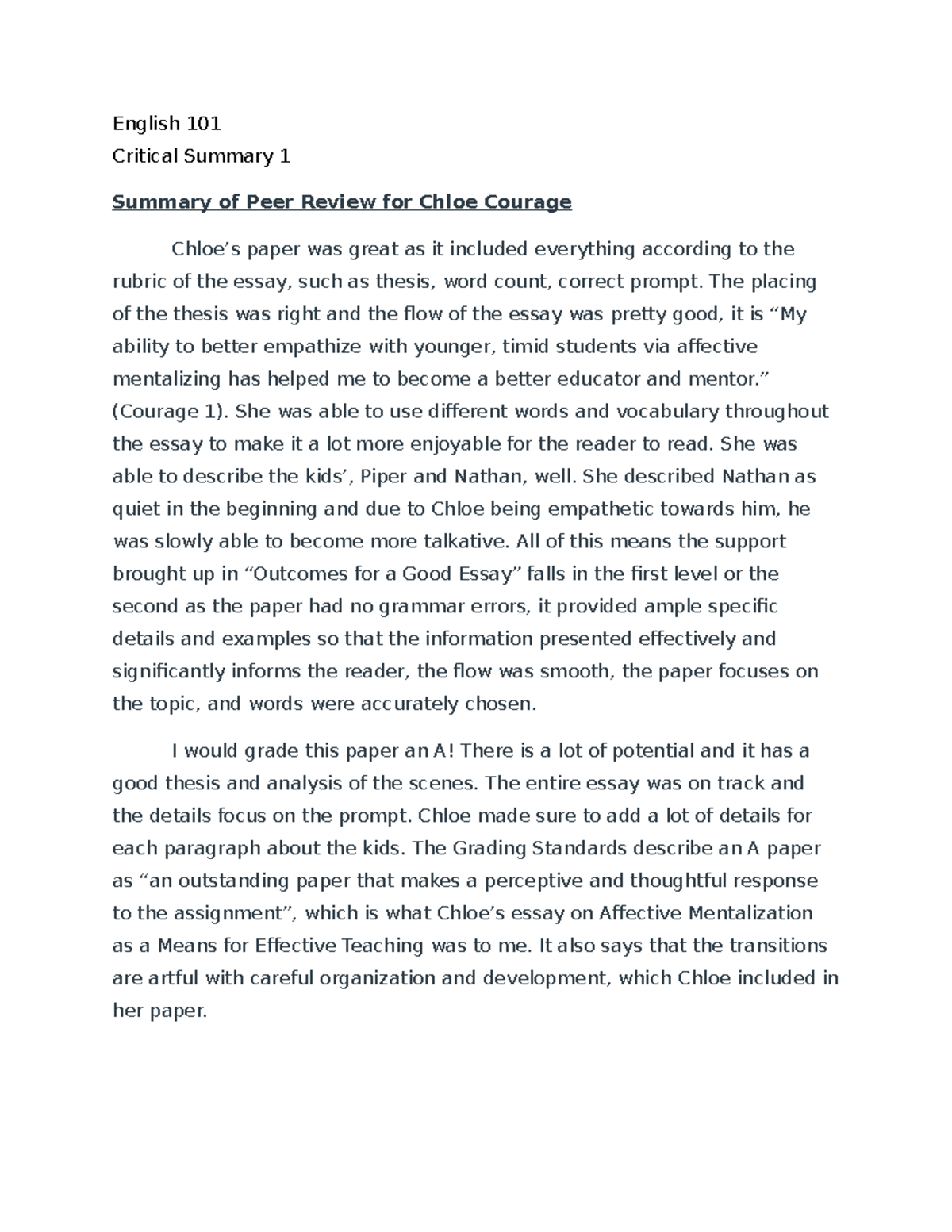 English 101 Critical Summary 1 - The placing of the thesis was right ...