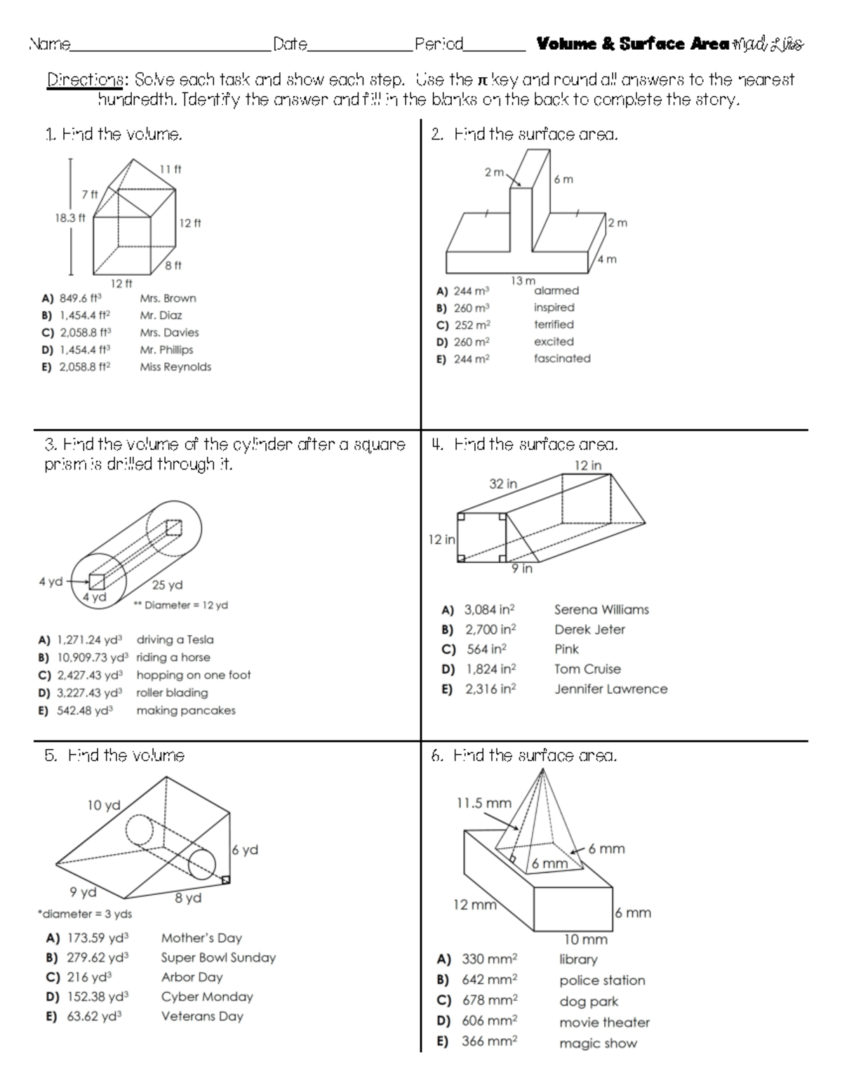 Math Libs Student Pages II - Directions: Solve each task and show each ...
