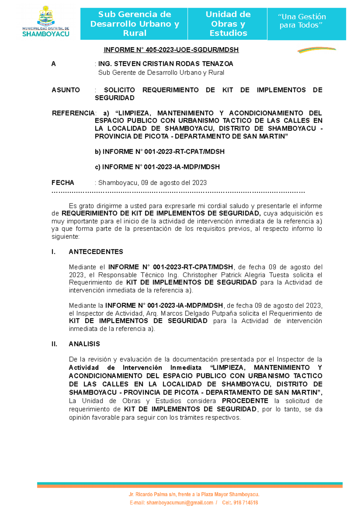 Informe N°405-2023-JUOE- Sgdur-MDSH Requerimiento DE KIT DE Implementos DE Seguridad - INFORME N ...