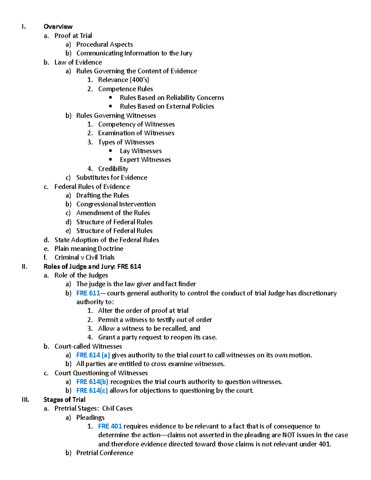 Evidence Outline - I. Overview a. Proof at Trial a) Procedural Aspects ...