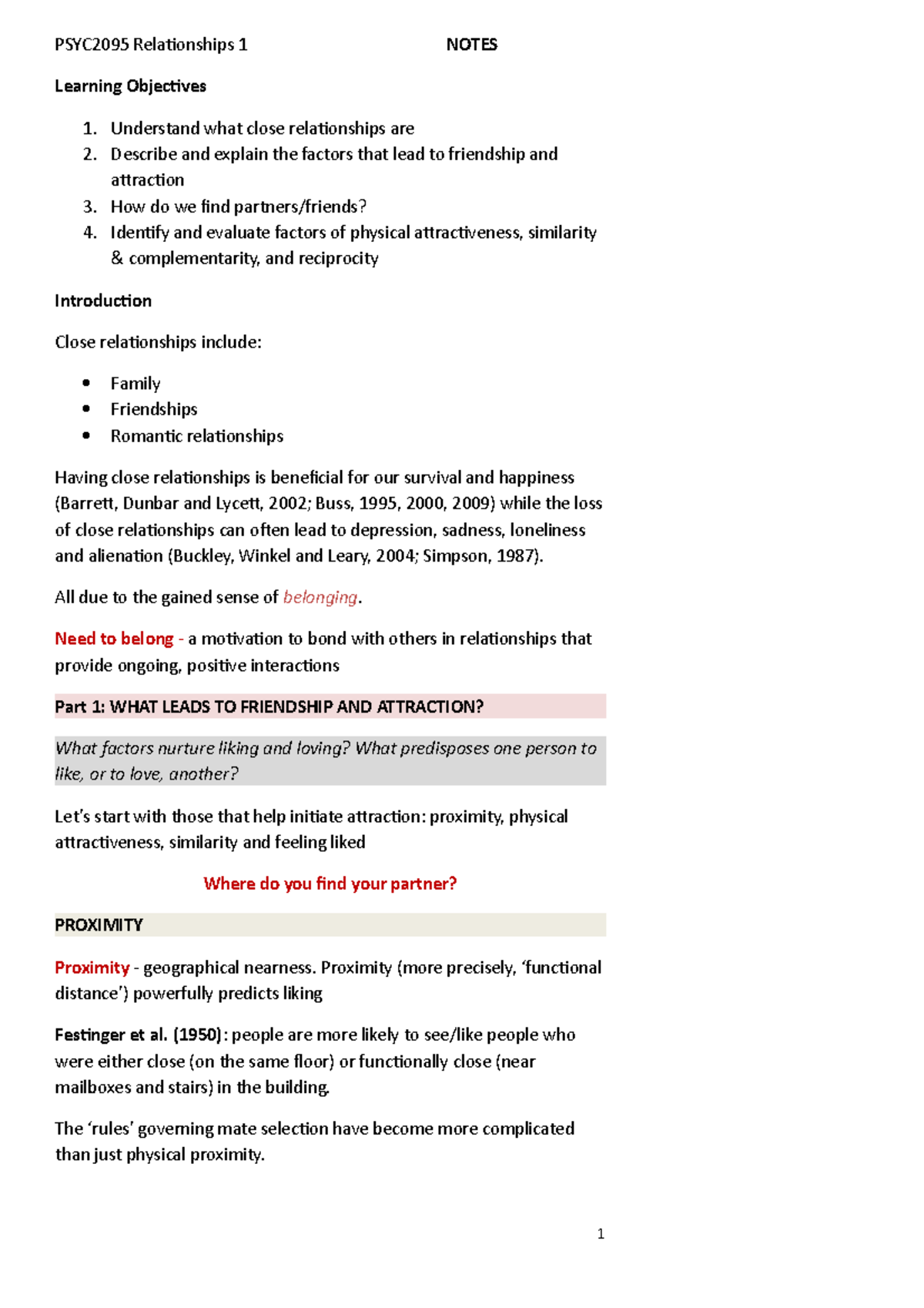 Social Psychology - Close Relationships - Learning Objectives ...