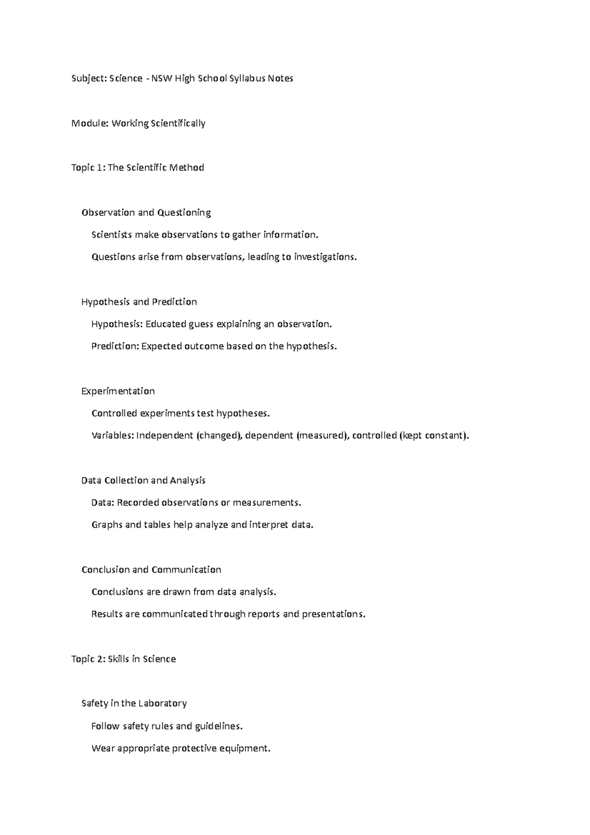 Science Notes 1 - Subject: Science - NSW High School Syllabus Notes ...