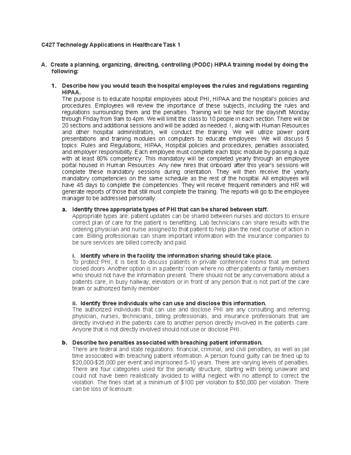 C427 Task1 - passed - C427 Technology Applications in Healthcare Task 1 ...