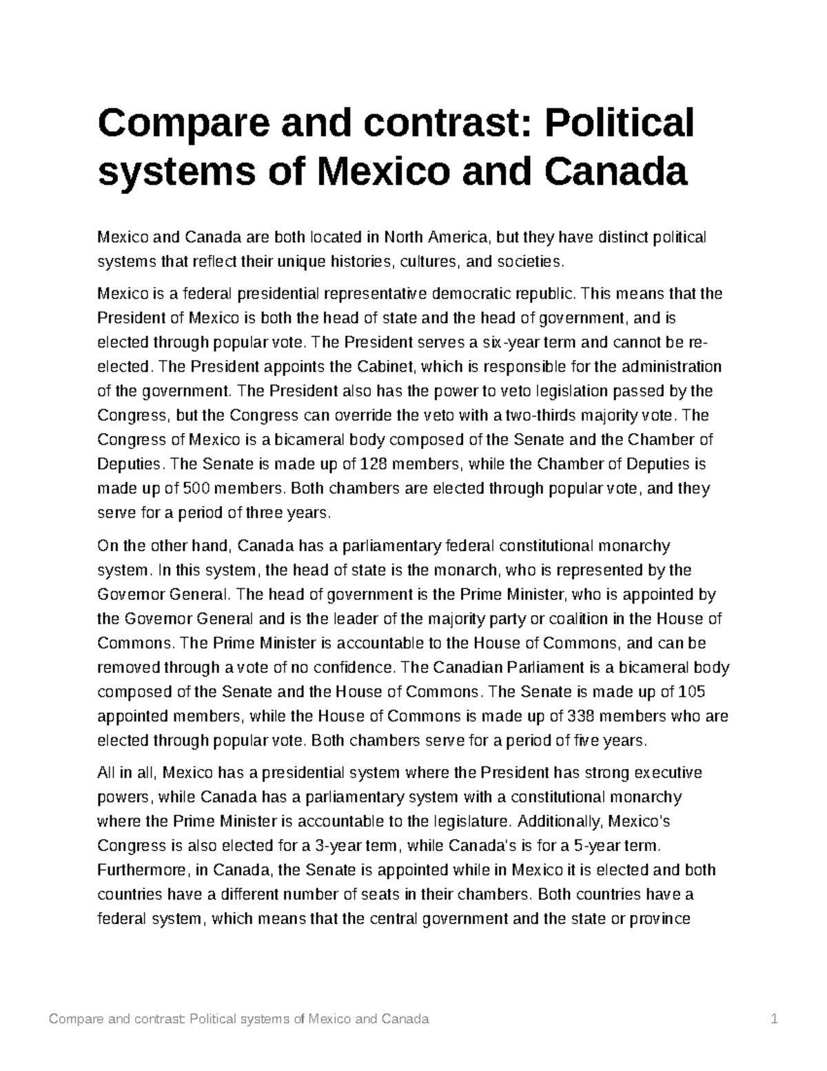 Compare and contrast Political systems of Mexico and Canada - Mexico is ...