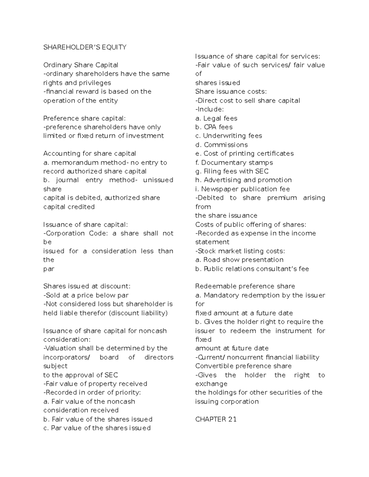 Summary Notes - SHAREHOLDER’S EQUITY Ordinary Share Capital -ordinary ...