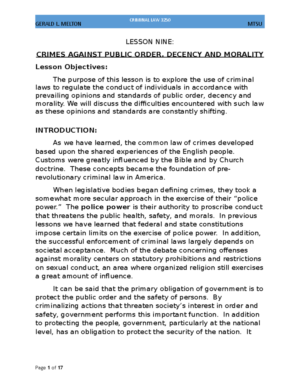 Lesson NINE Crimes Against Public Order, Decency and Morality - GERALD ...