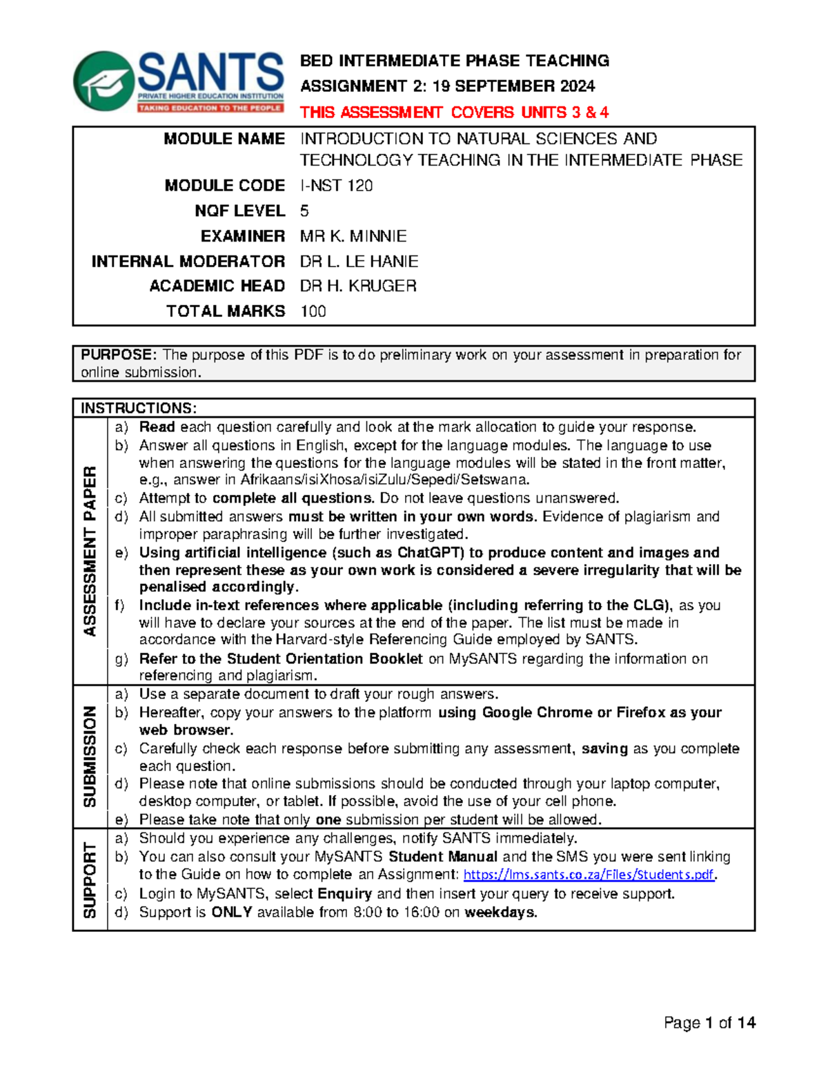 I-NST 120 ASS 2 Questions - BED INTERMEDIATE PHASE TEACHING ASSIGNMENT ...