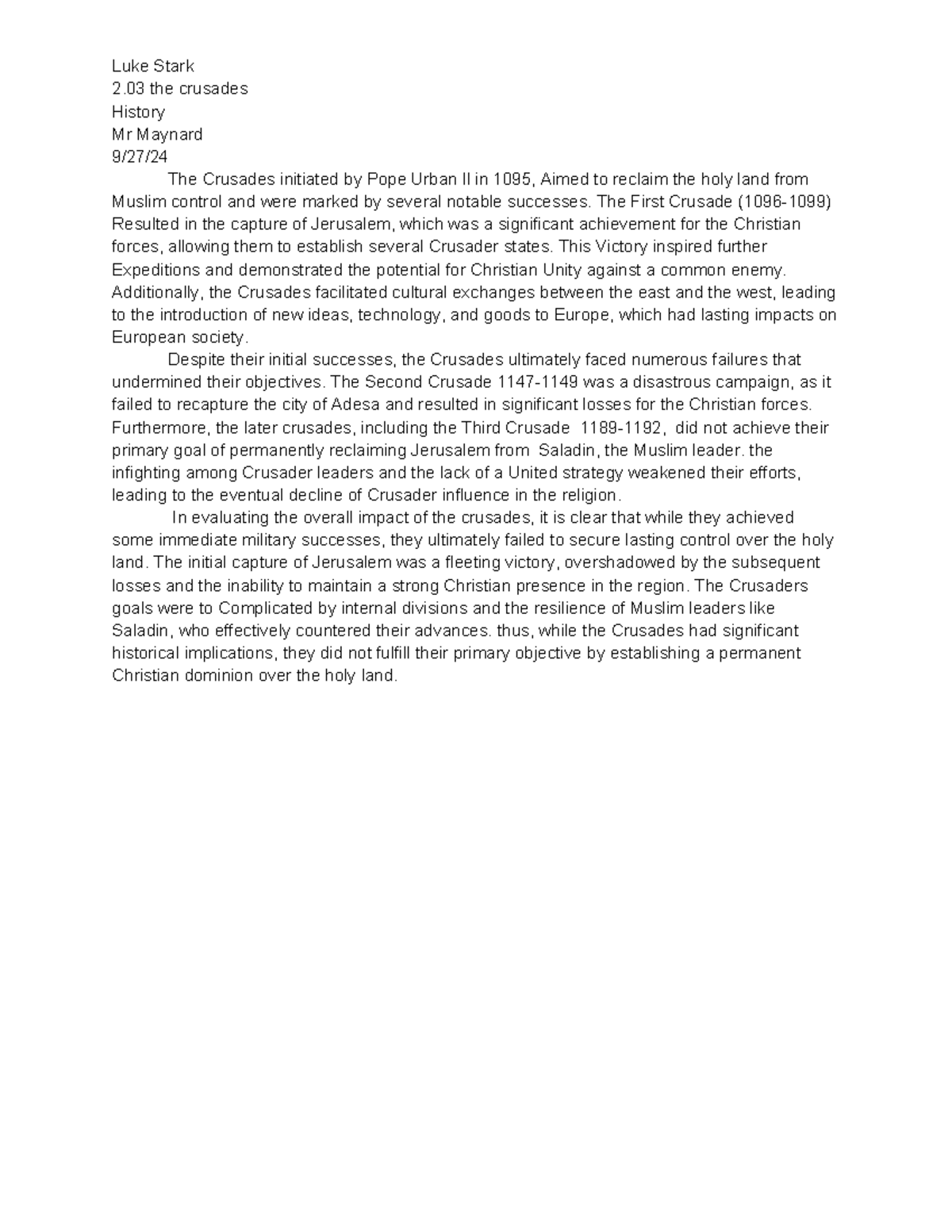 Untitled document (14) - Luke Stark 2 the crusades History Mr Maynard 9 ...