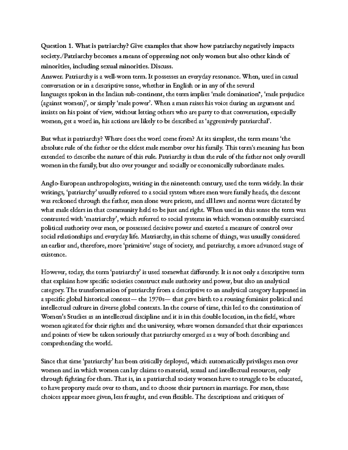 Unit 1 Philosophy (H) - Question 1. What is patriarchy? Give examples that show how patriarchy ...