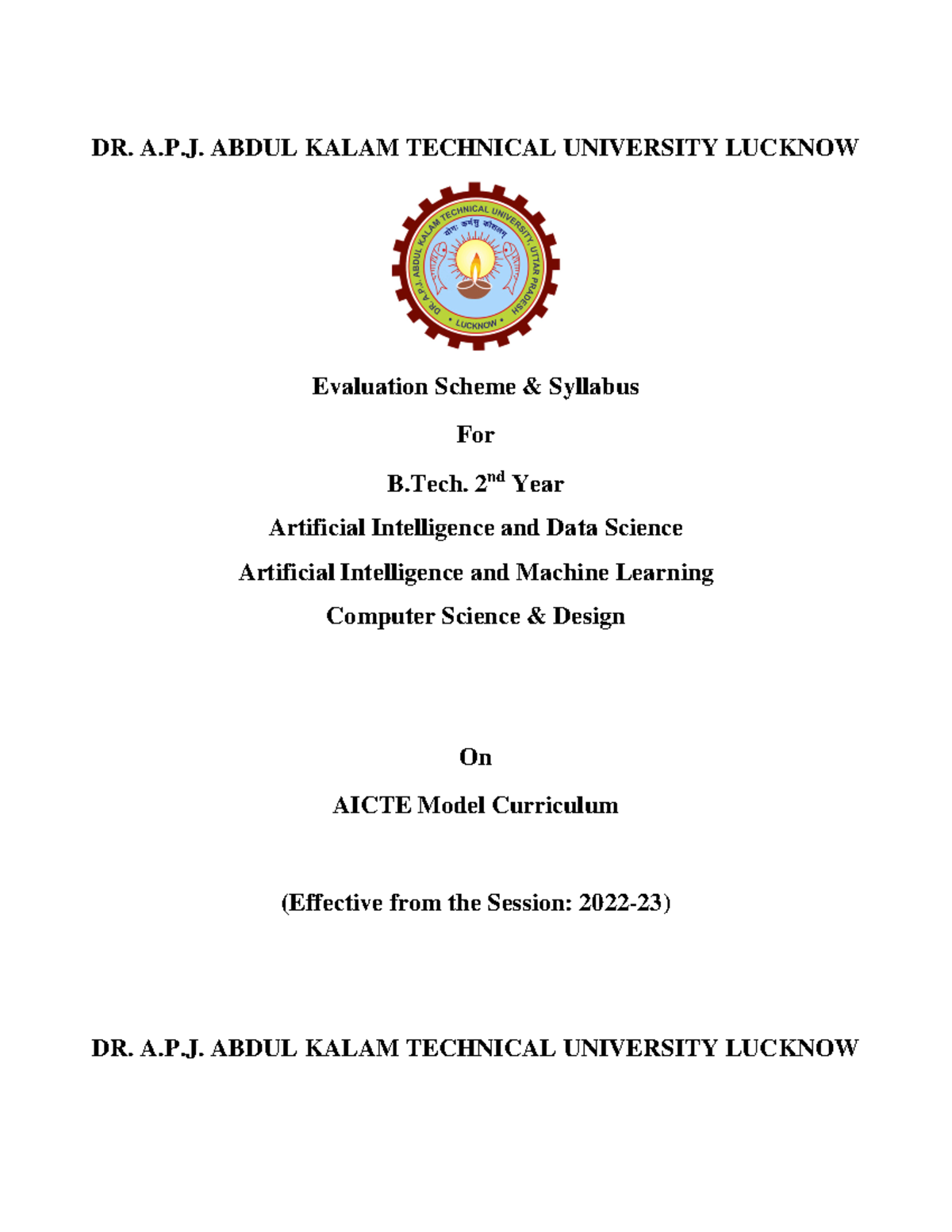 B Tech 2nd Year AIML, AIDS, Computer Sc and Design 2022 23 revised - DR ...