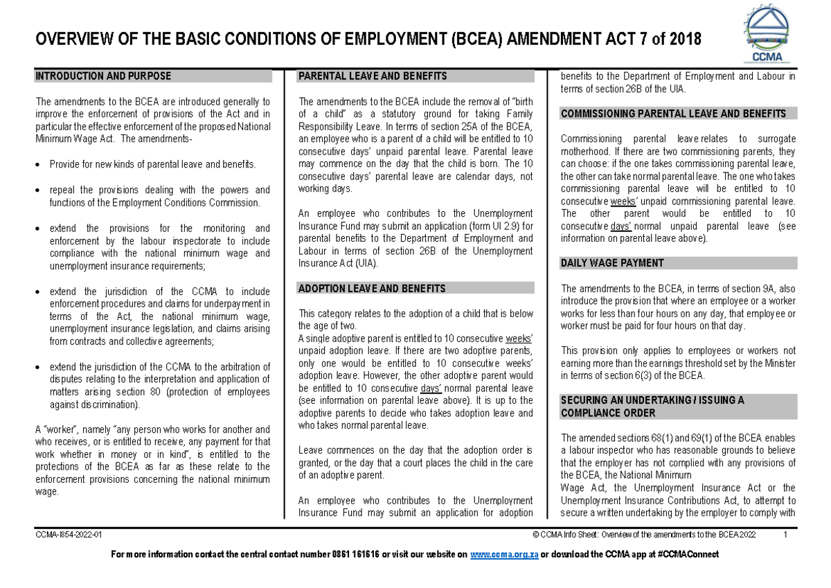 Basic Conditions of Employment Act 7 of 2018 amended CCMA overview ...