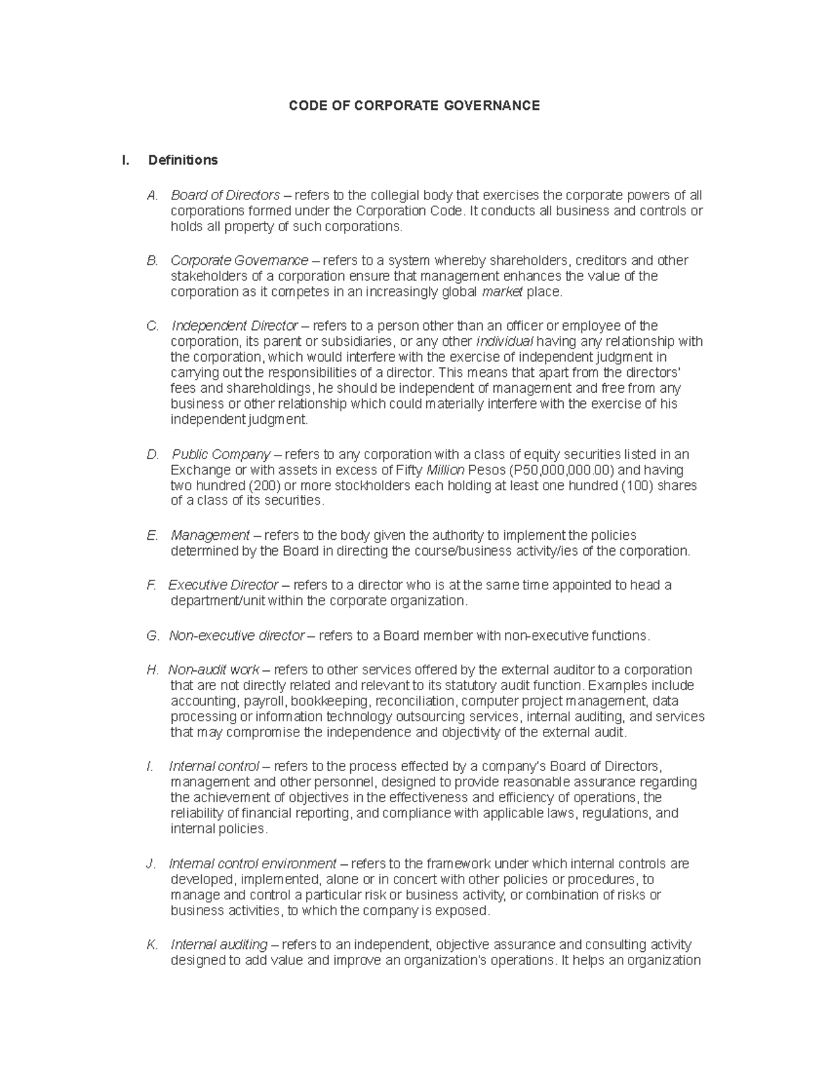 Code of Corporate Governance - CODE OF CORPORATE GOVERNANCE I ...