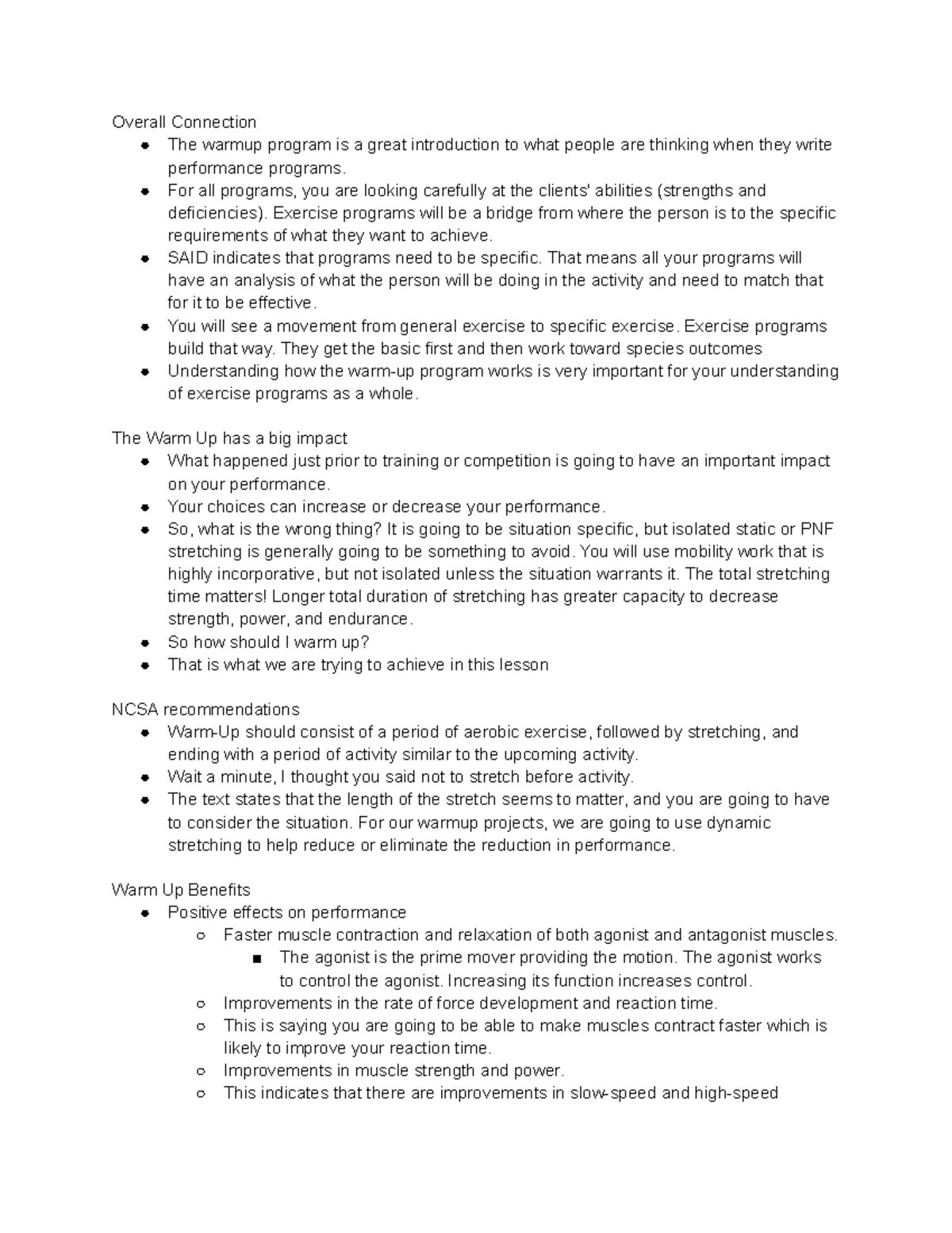 Warm-Up Scientific Background - Overall Connection The warmup program ...
