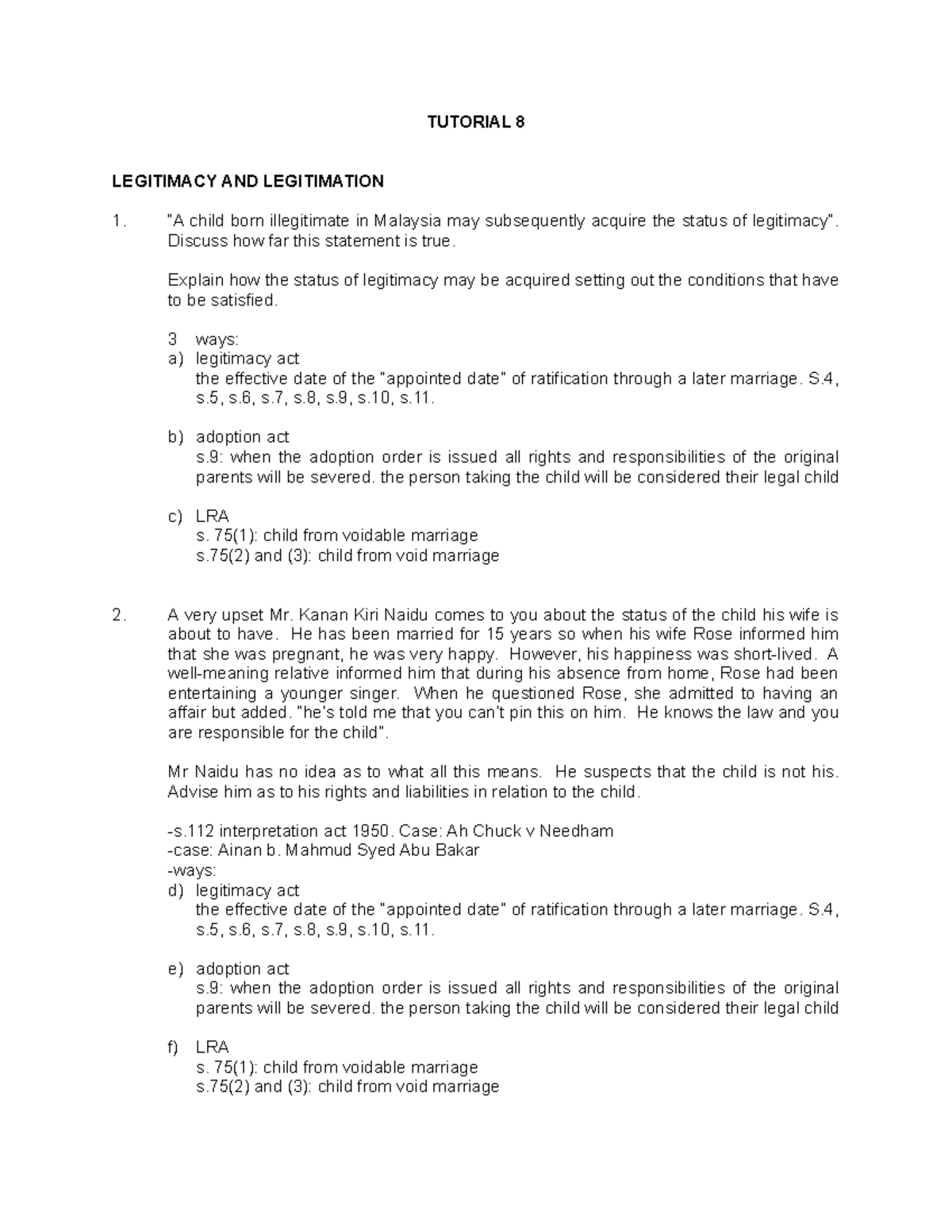 Tutorial 8 Family Law - TUTORIAL 8 LEGITIMACY AND LEGITIMATION “A child ...