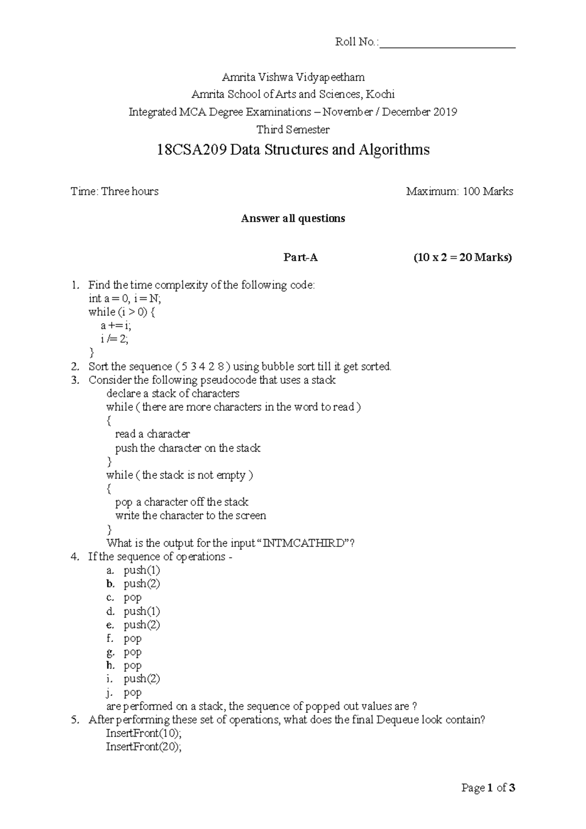 18CSA209 DS&Algorithms 1 100 - Roll No.:_______________________ Amrita ...