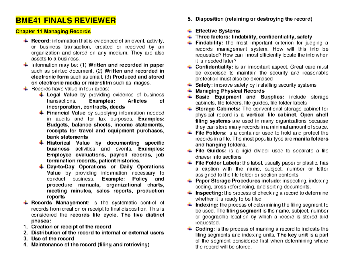 BME 41 Chap 11 17 - Bme - BME41 FINALS REVIEWER Chapter 11 Managing ...