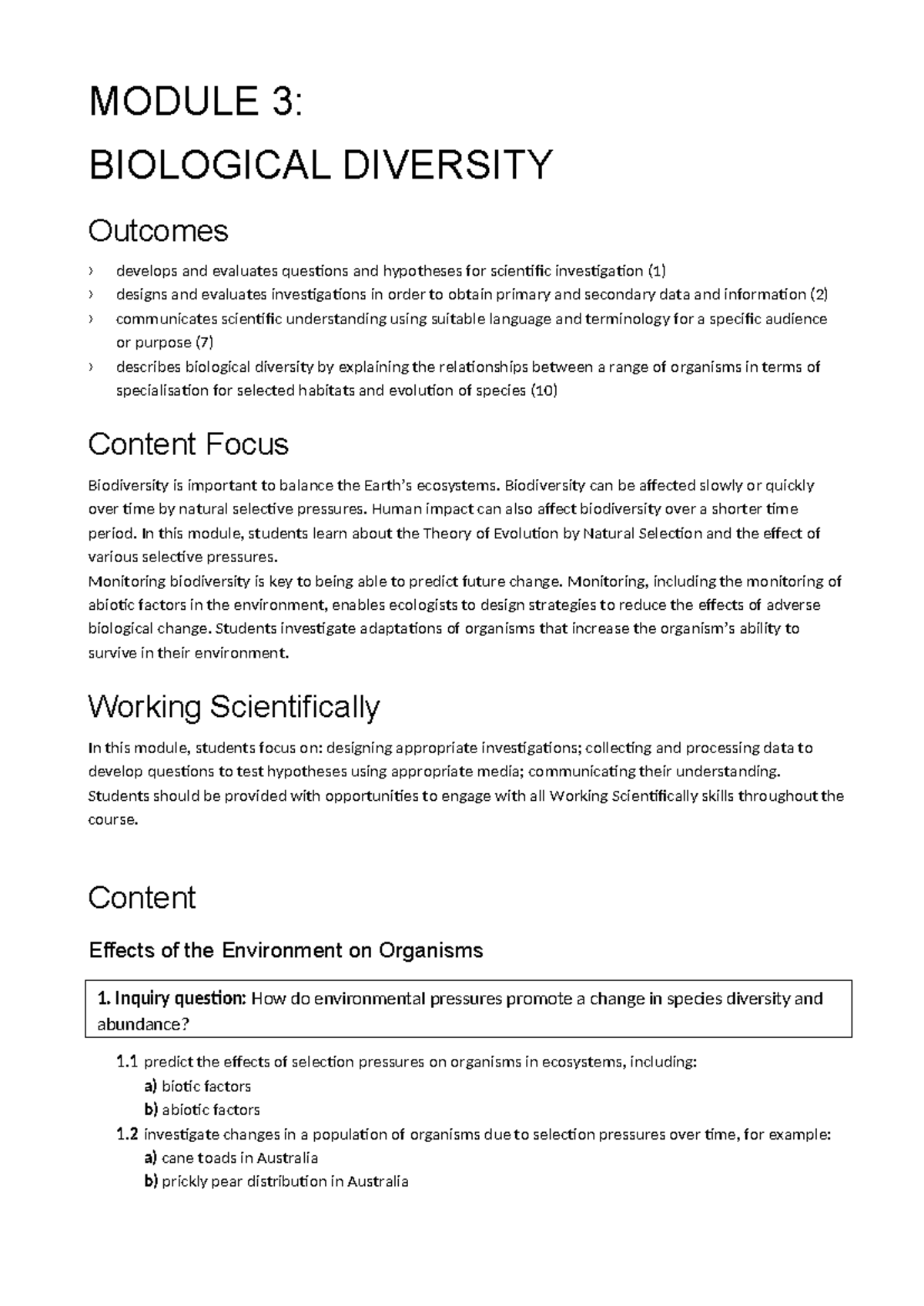 Module 3 Syllabus - MODULE 3: BIOLOGICAL DIVERSITY Outcomes › develops ...
